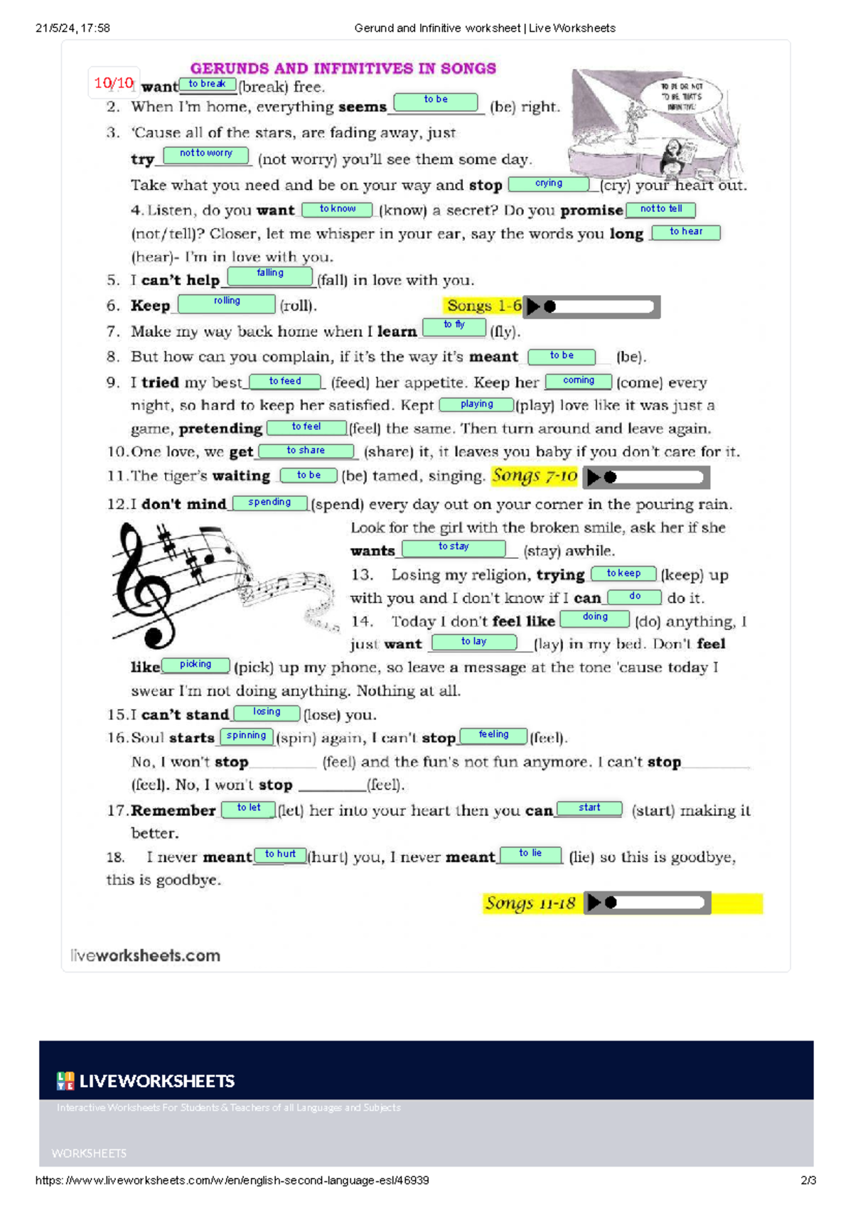 Gerund and Infinitive worksheet Live Worksheets link 2 - LIVEWORKSHEETS Interactive Worksheets ...