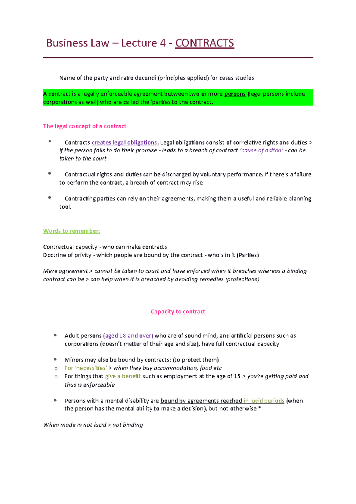 Business Law - Lecture 3 - Contracts - Business Law – Lecture 4 ...