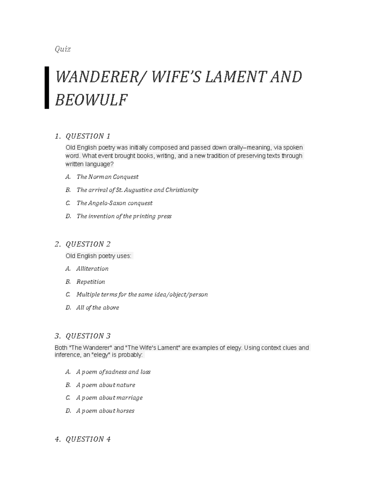 Wanderer, Wife's Lament and Beowulf - Quiz WANDERER/ WIFE’S LAMENT AND ...