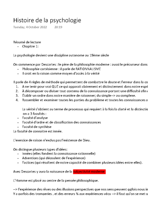 Résumé histoire de la psychologie - 1 : Introduction à l'histoire de la ...