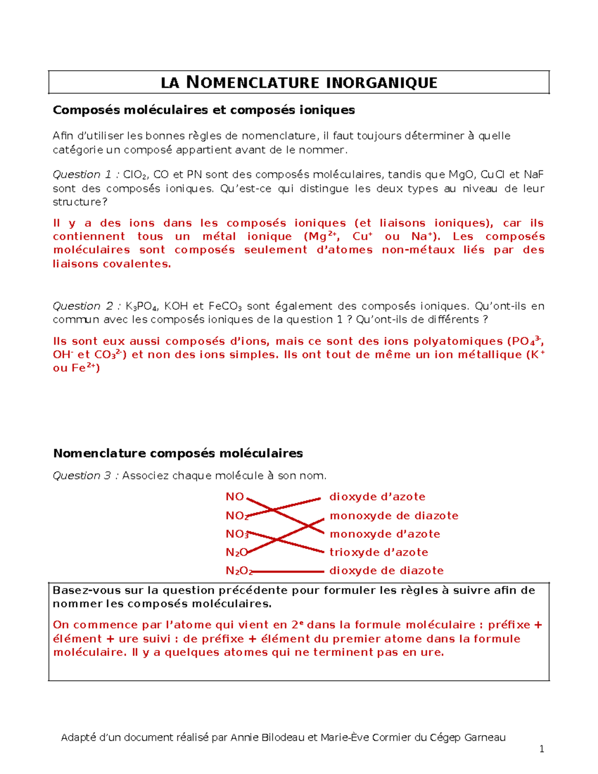 Activité de nomenclature - Corrigé - LA NOMENCLATURE INORGANIQUE ...