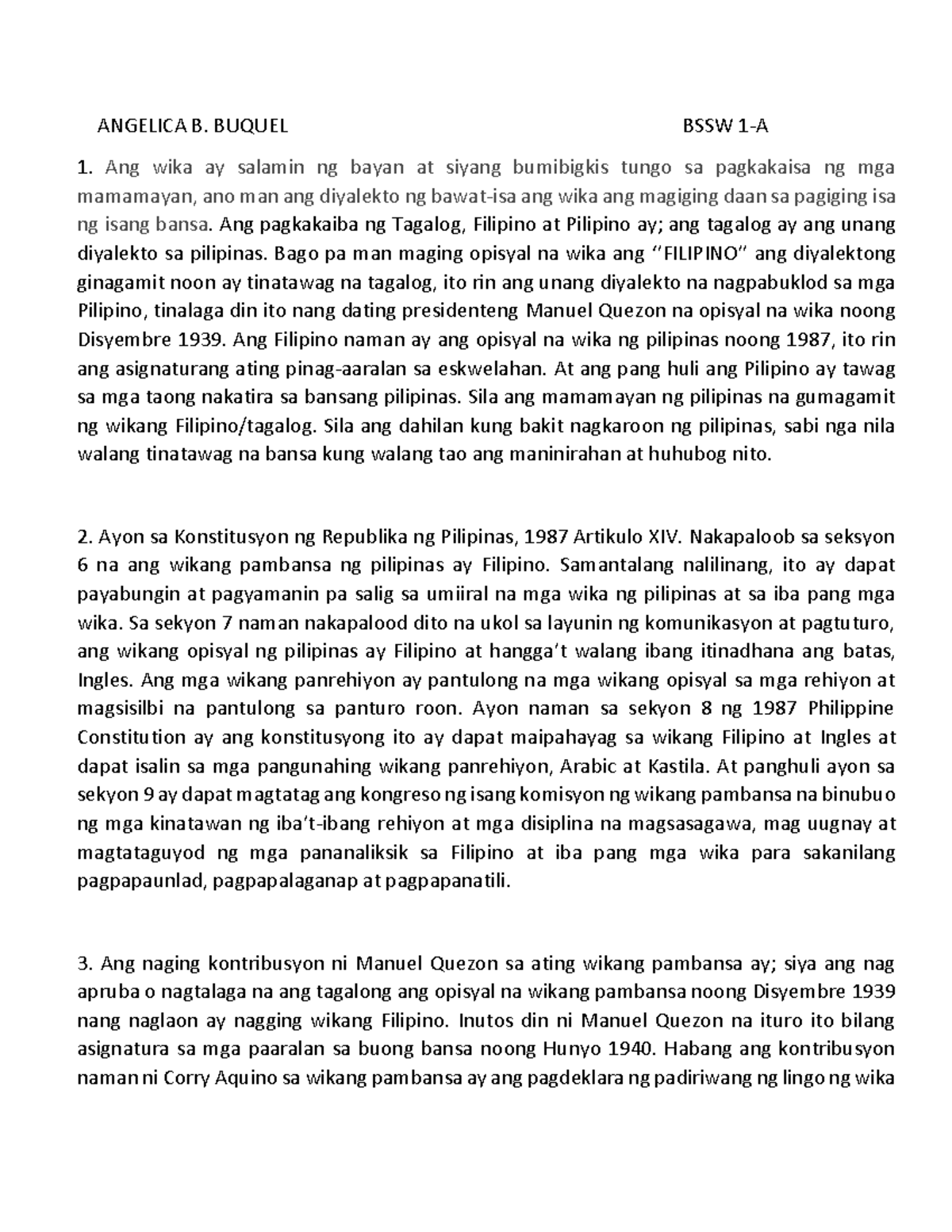 ASSIGNMENT IN FILIPINO - ANGELICA B. BUQUEL BSSW 1-A Ang wika ay ...