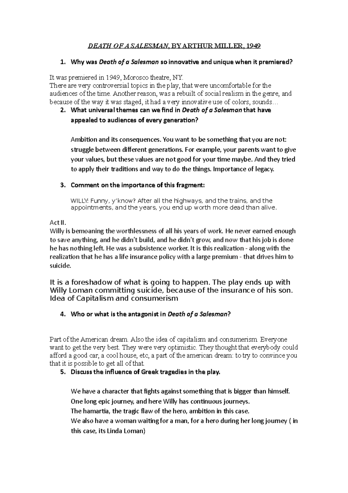 Worksheet 3 a man - DEATH OF A SALESMAN , BY ARTHUR MILLER, 1949 Why ...