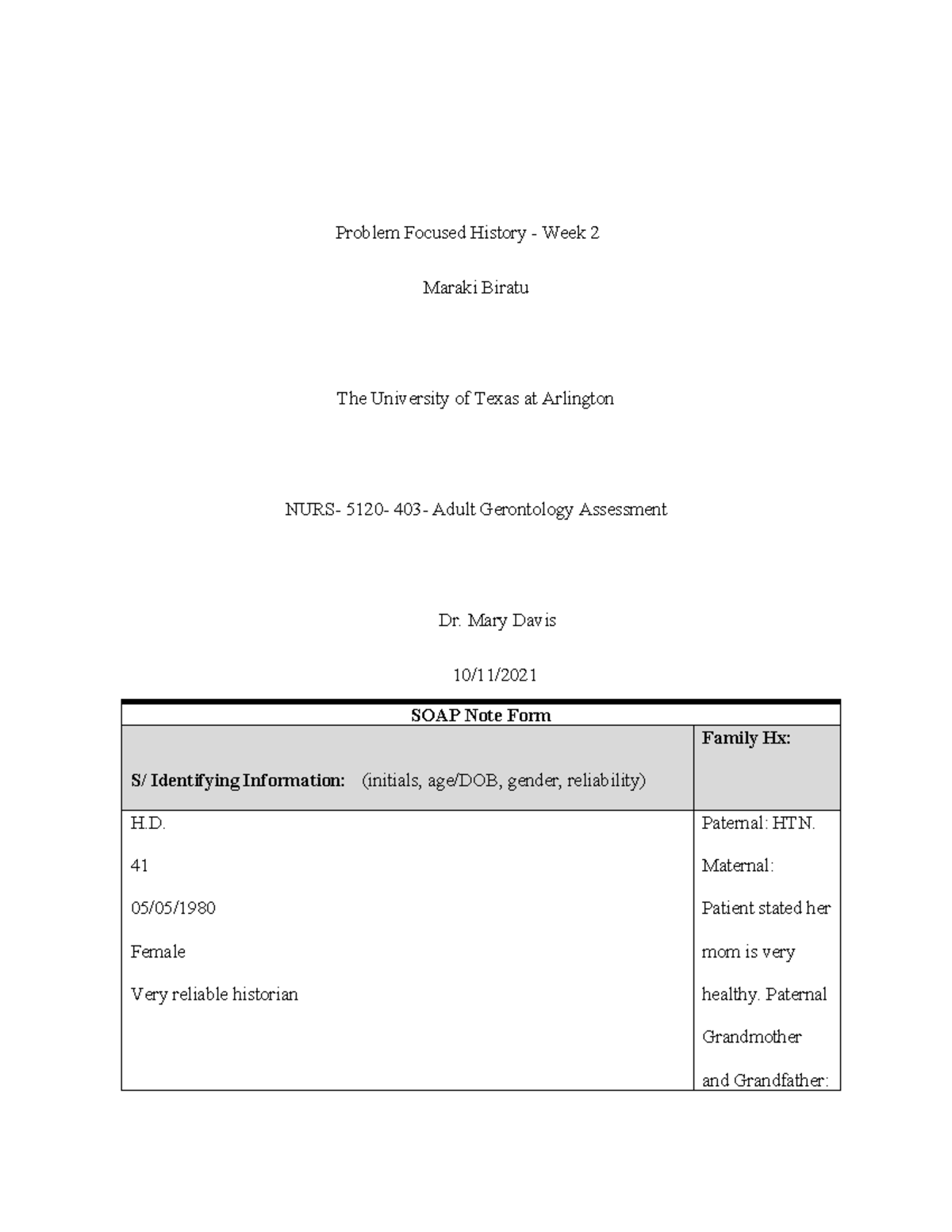 Adult gero soap M2 - gero - Problem Focused History - Week 2 Maraki ...