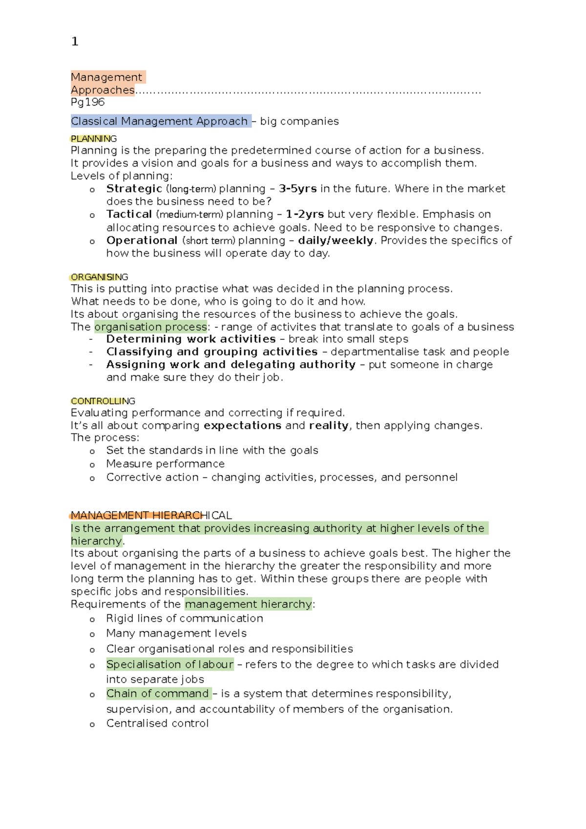 Business study notes - High School Year 11 - Management - Studocu