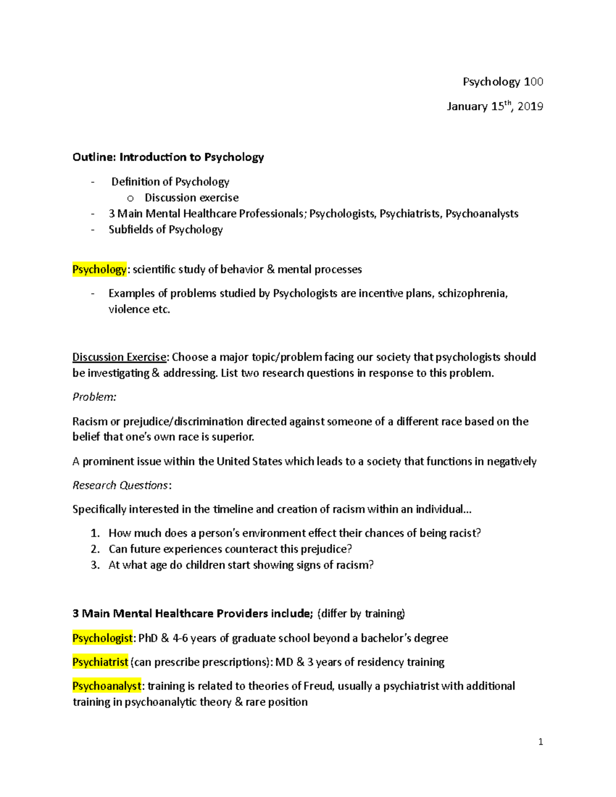 Chapter 1- Section 1 - Psychology 100 January 15th, 2019 Outline ...