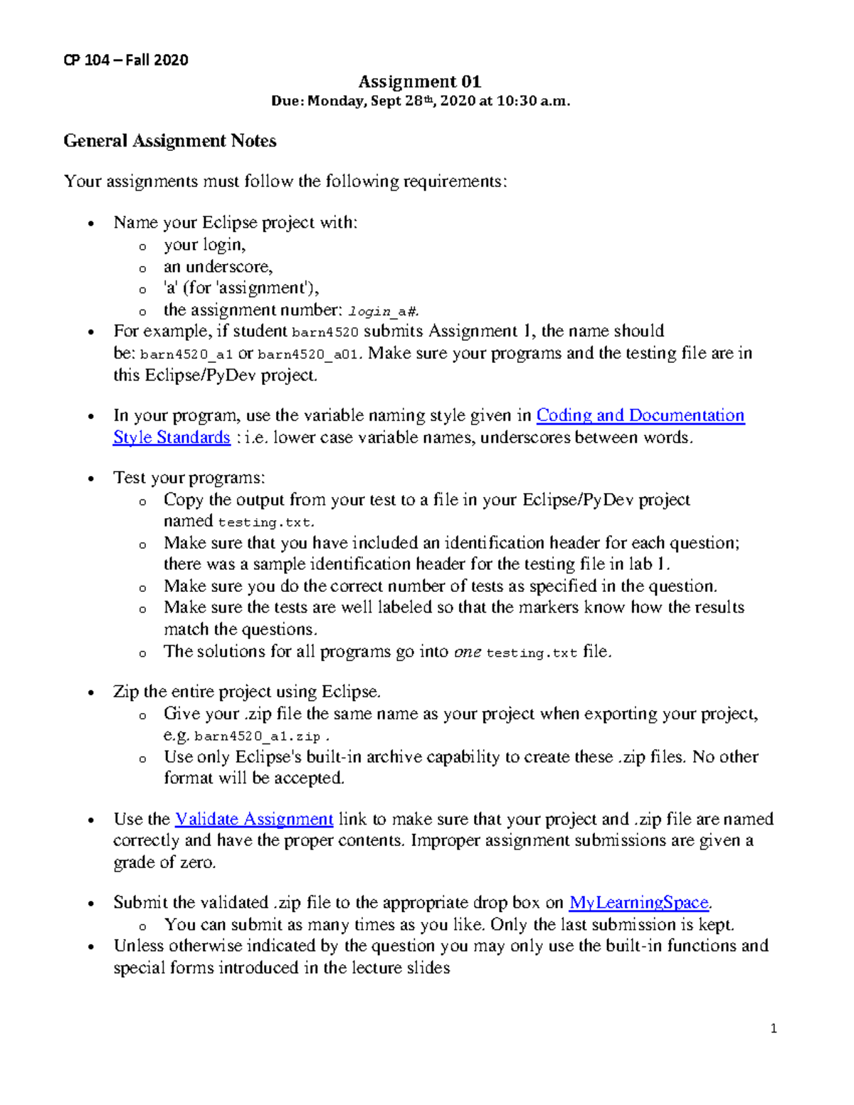 Assignment 01 General notes - Assignment 01 Due: Monday, Sept 28th, 20 ...