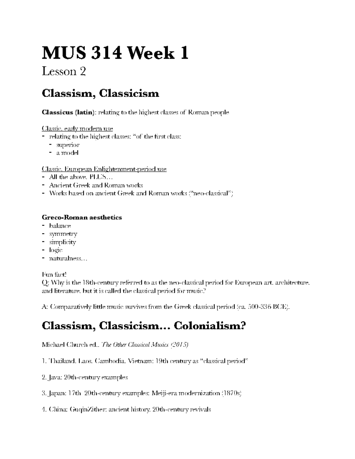 MUS 314 Week 1 lesson 2 notes - MUS 314 Week 1 Lesson 2 Classism ...