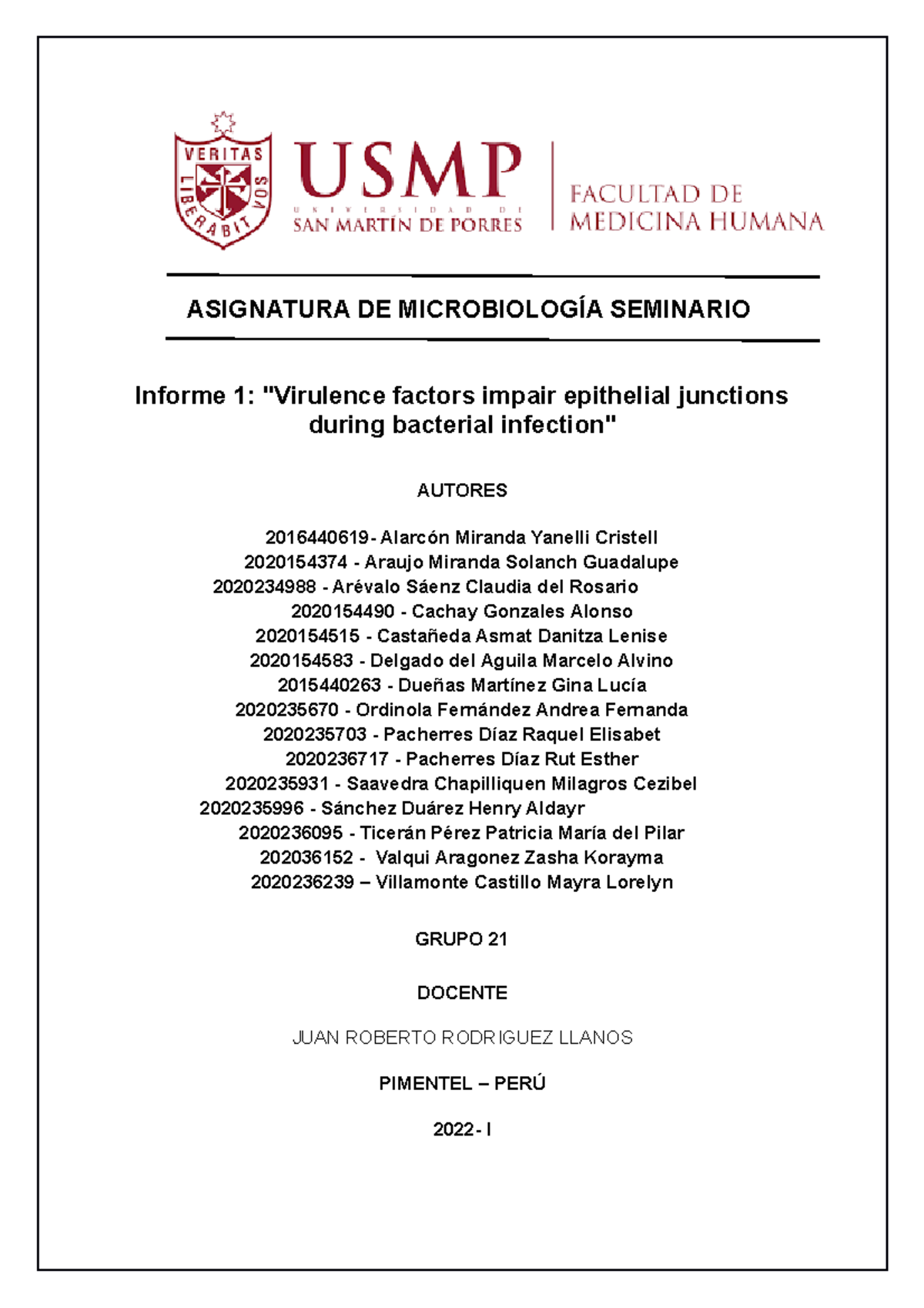 Micro SEM Informe S1 (1) - ASIGNATURA DE MICROBIOLOGÍA SEMINARIO Informe 1: "Virulence factors ...