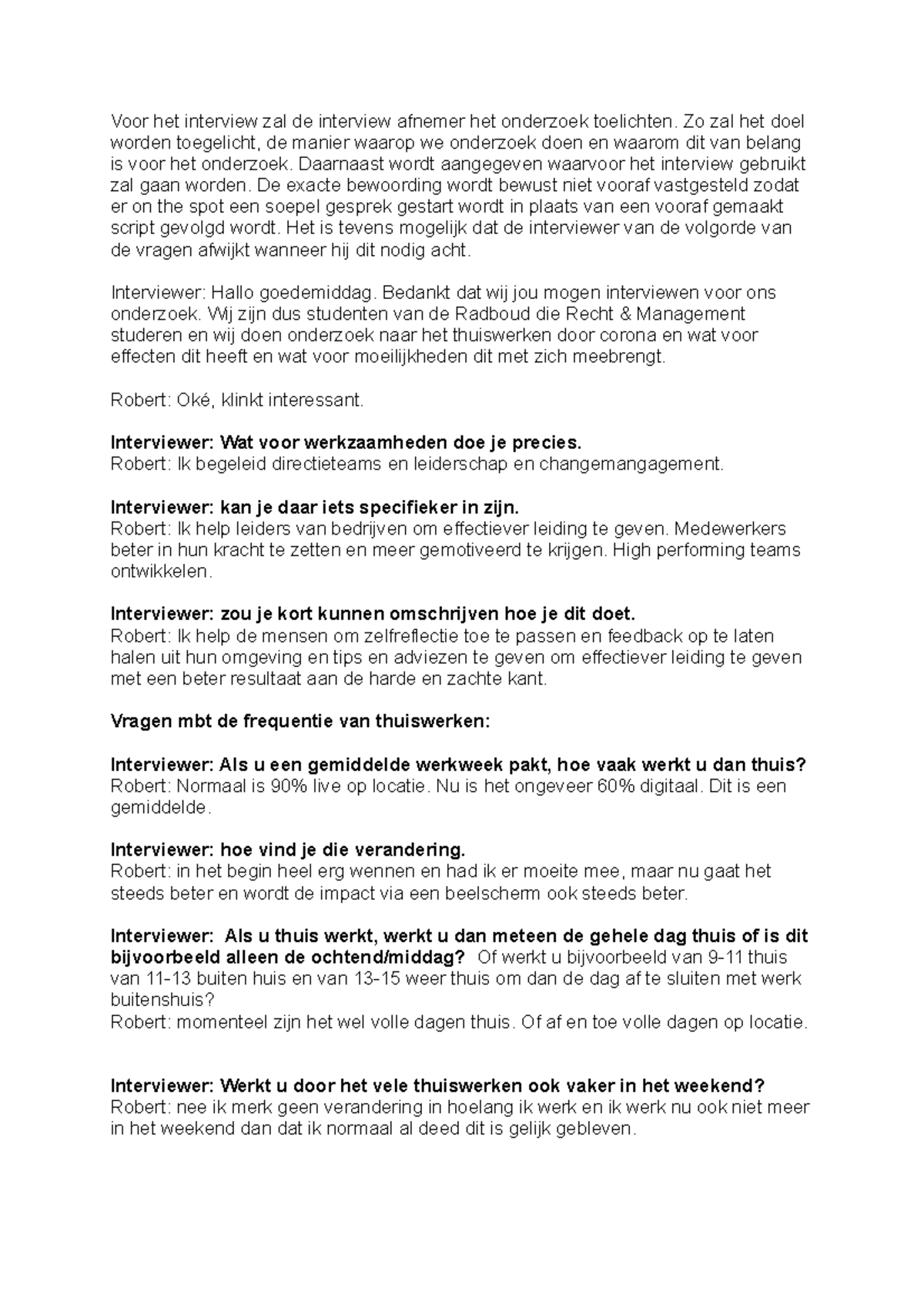 Interview opzet - oefenmateriaal - Voor het interview zal de interview ...
