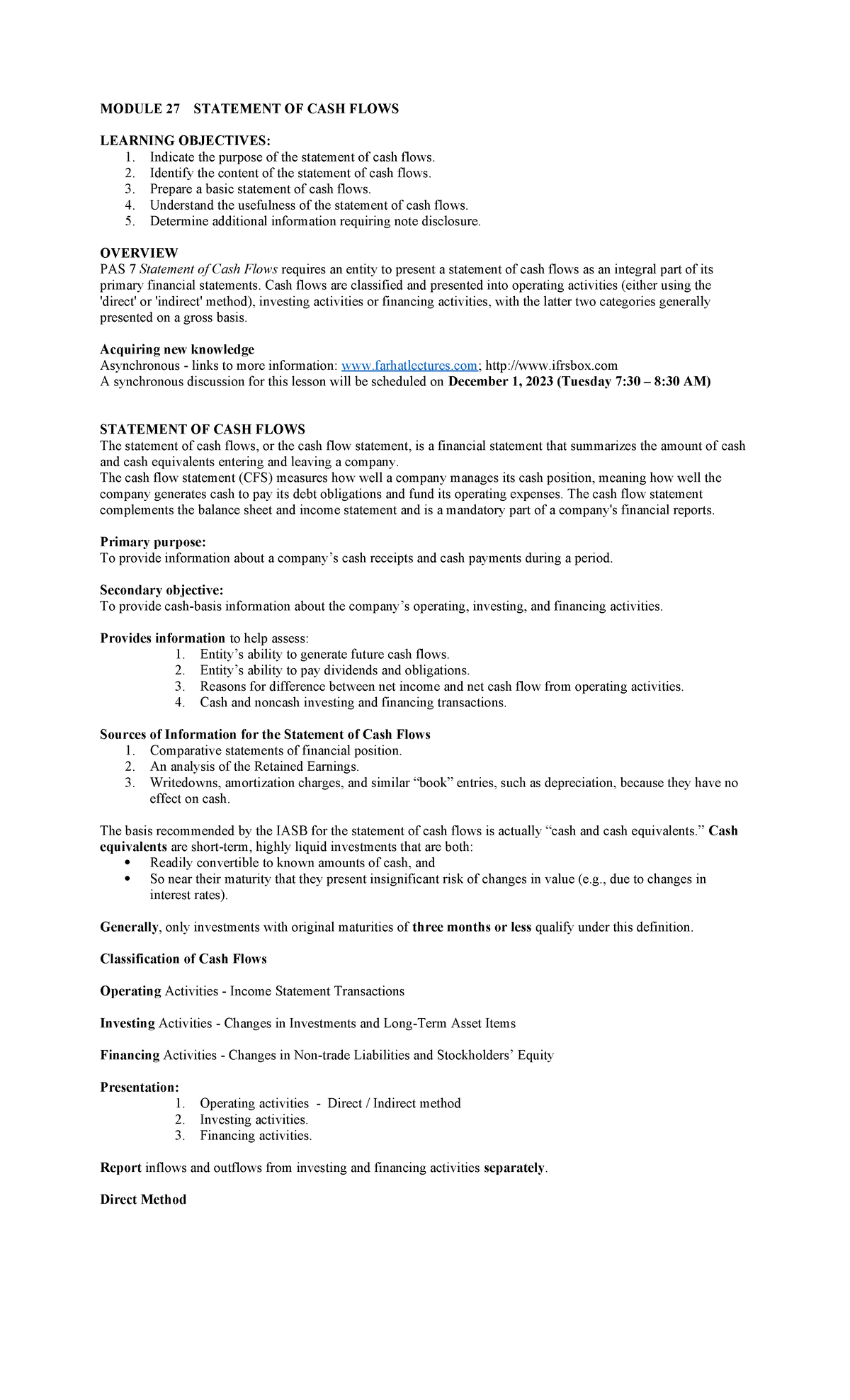 Module 27 Statement OF CASH Flows - MODULE 27 STATEMENT OF CASH FLOWS ...