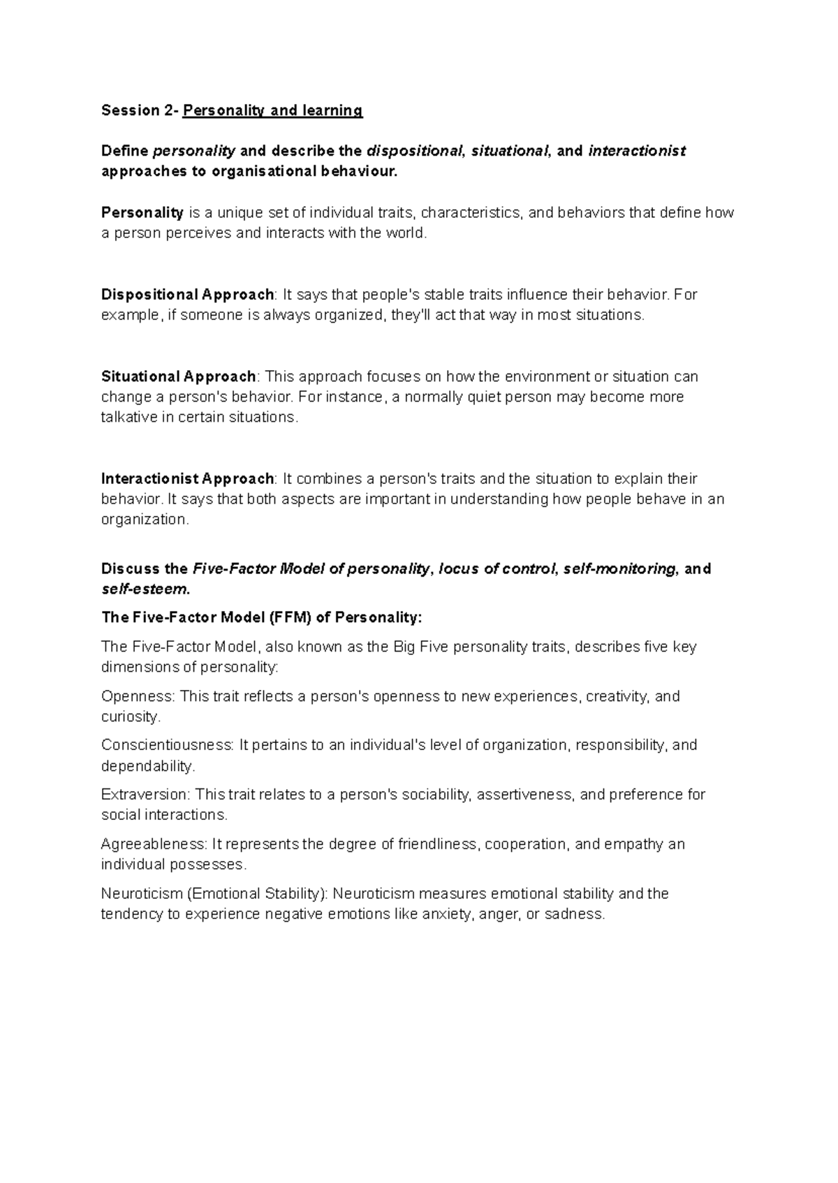 2400 notes - Session 2- Personality and learning Define personality and ...