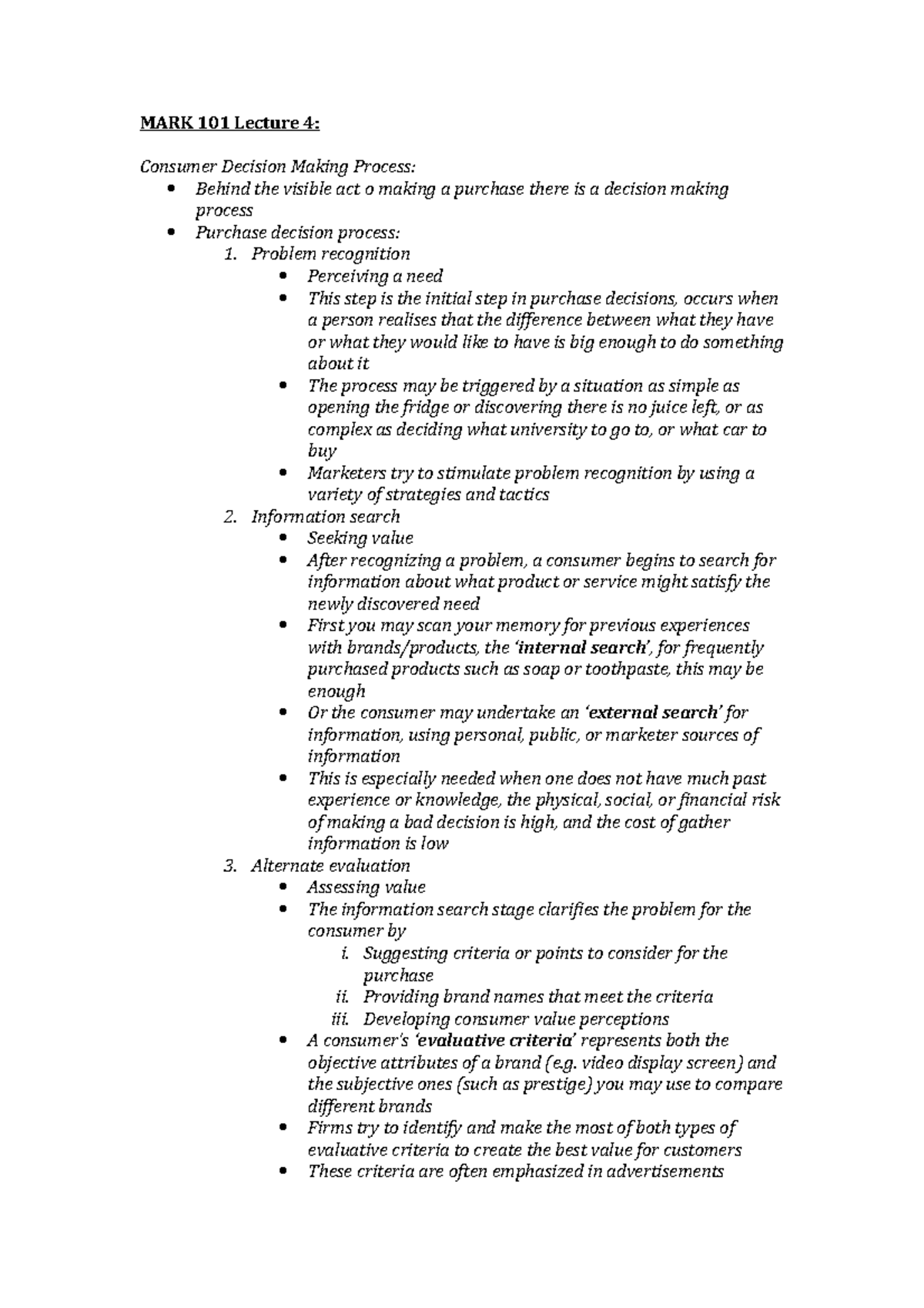 MARK 101 Lecture 4 - MARK 101 Lecture 4: Consumer Decision Making ...