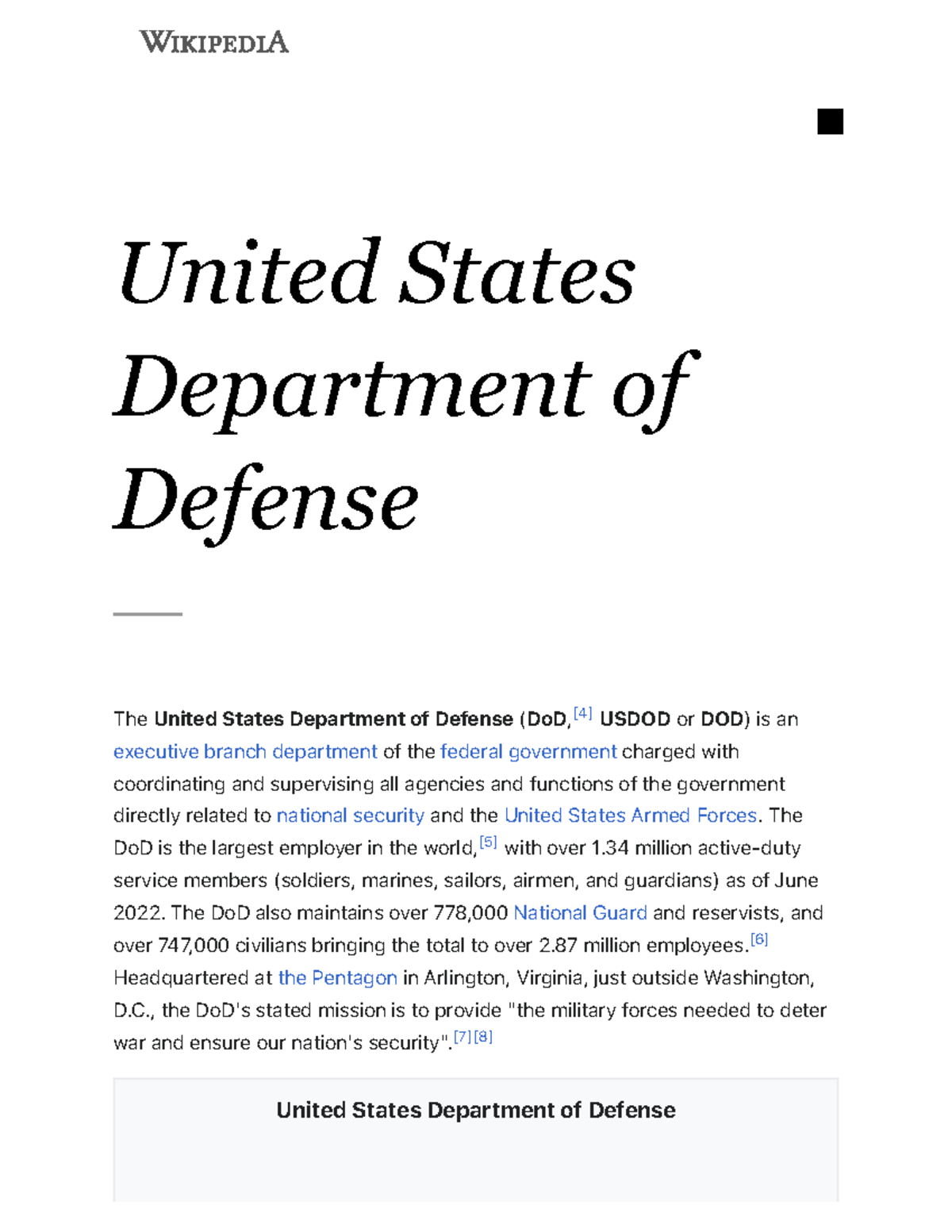 United States Department of Defense - Wikipedia - Search United States ...