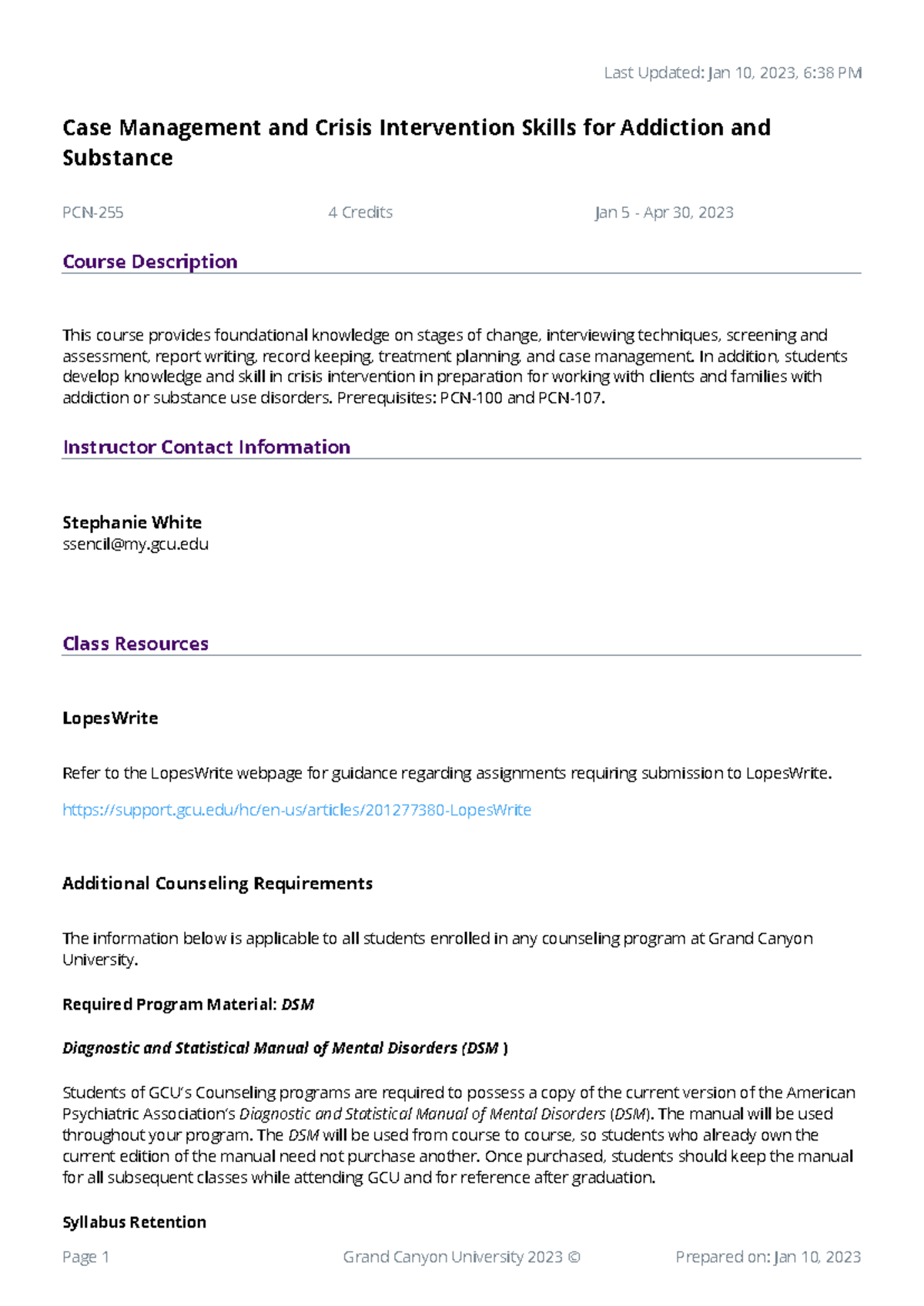 Syllabus PCN-255-TO101-20230105 - Last Updated: Jan 10, 2023, 6:38 PM ...