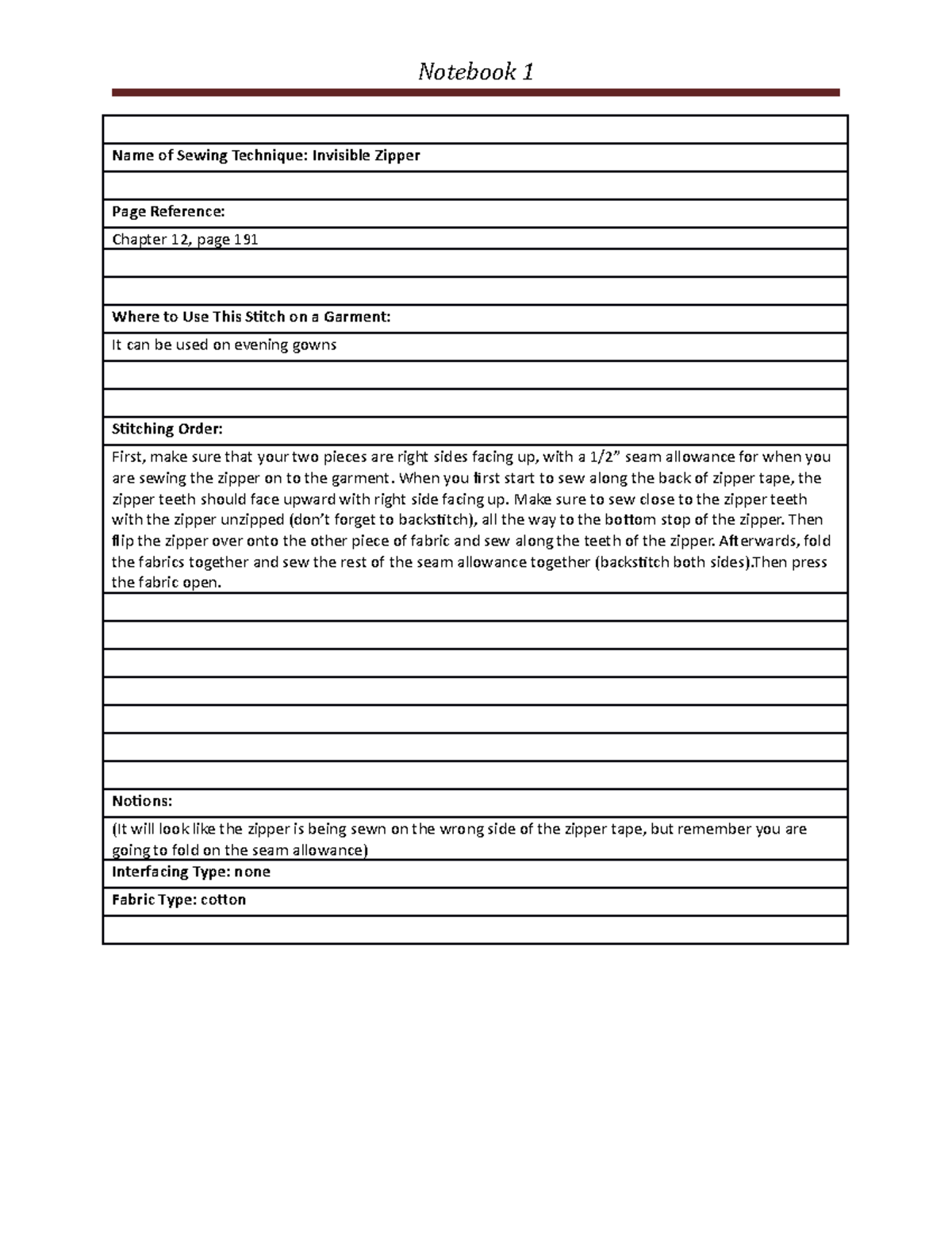 Invisible Zipper - Notebook Assignment - Notebook 1 Name of Sewing ...