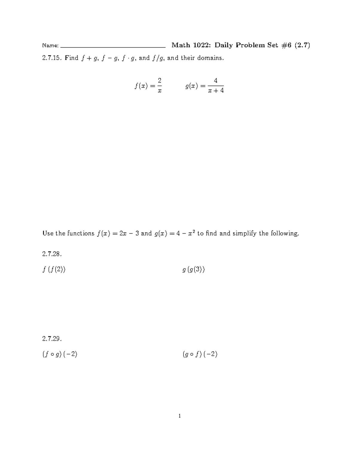 Worksheet Section 2 - Name: Math 1022: Daily Problem Set #6 (2) 2.7 ...
