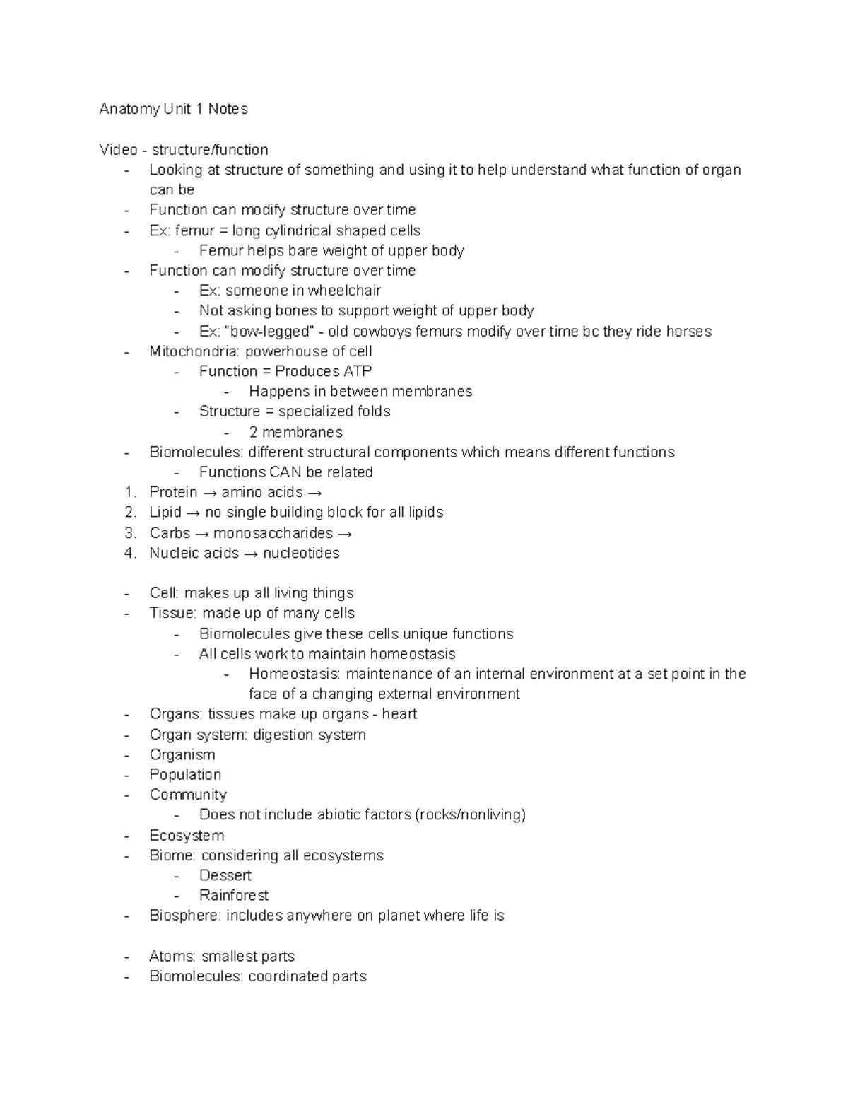 Anatomy Unit 1 Notes - Anatomy Unit 1 Notes Video - structure/function ...