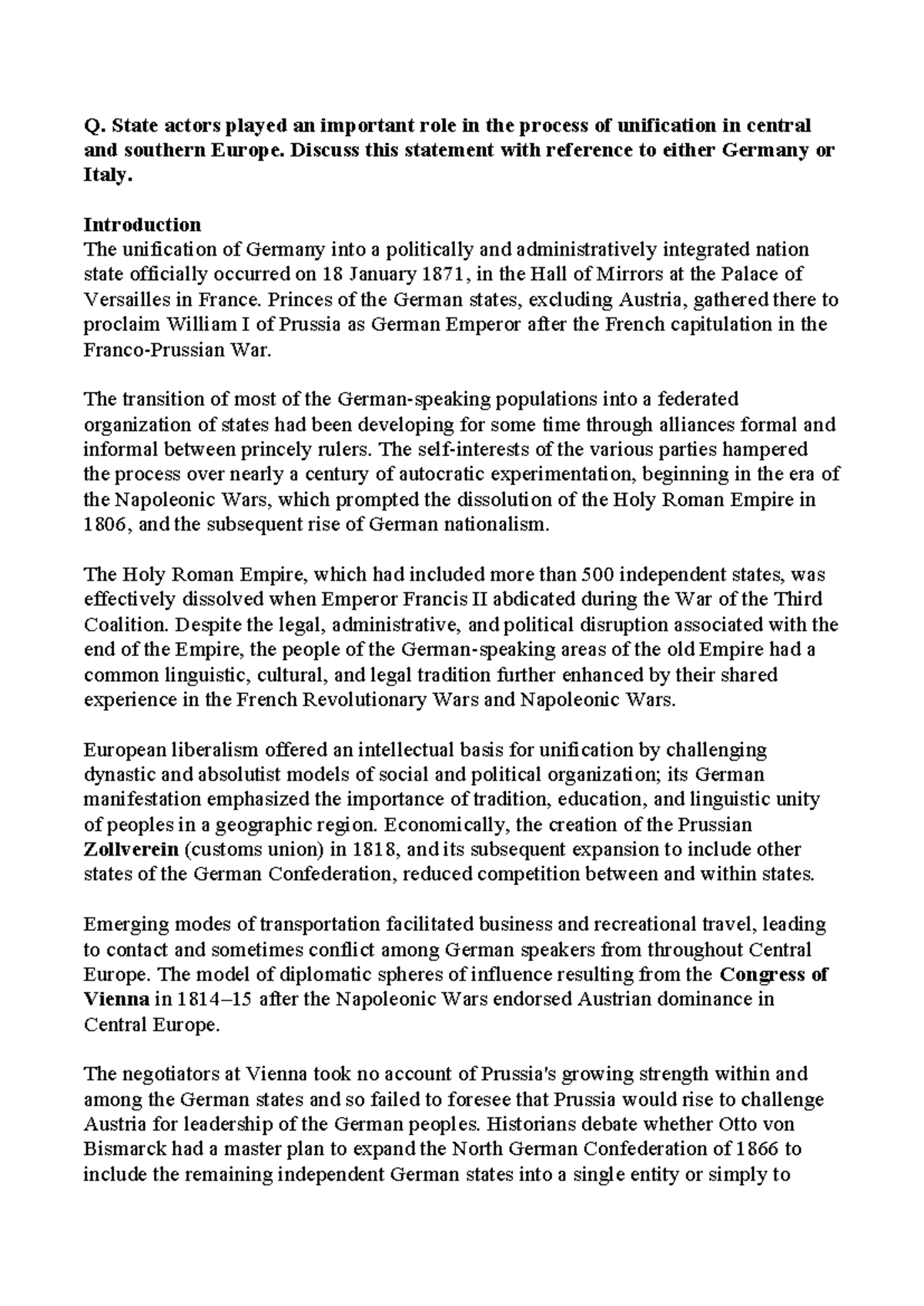 German and Italian Unification - Q. State actors played an important ...
