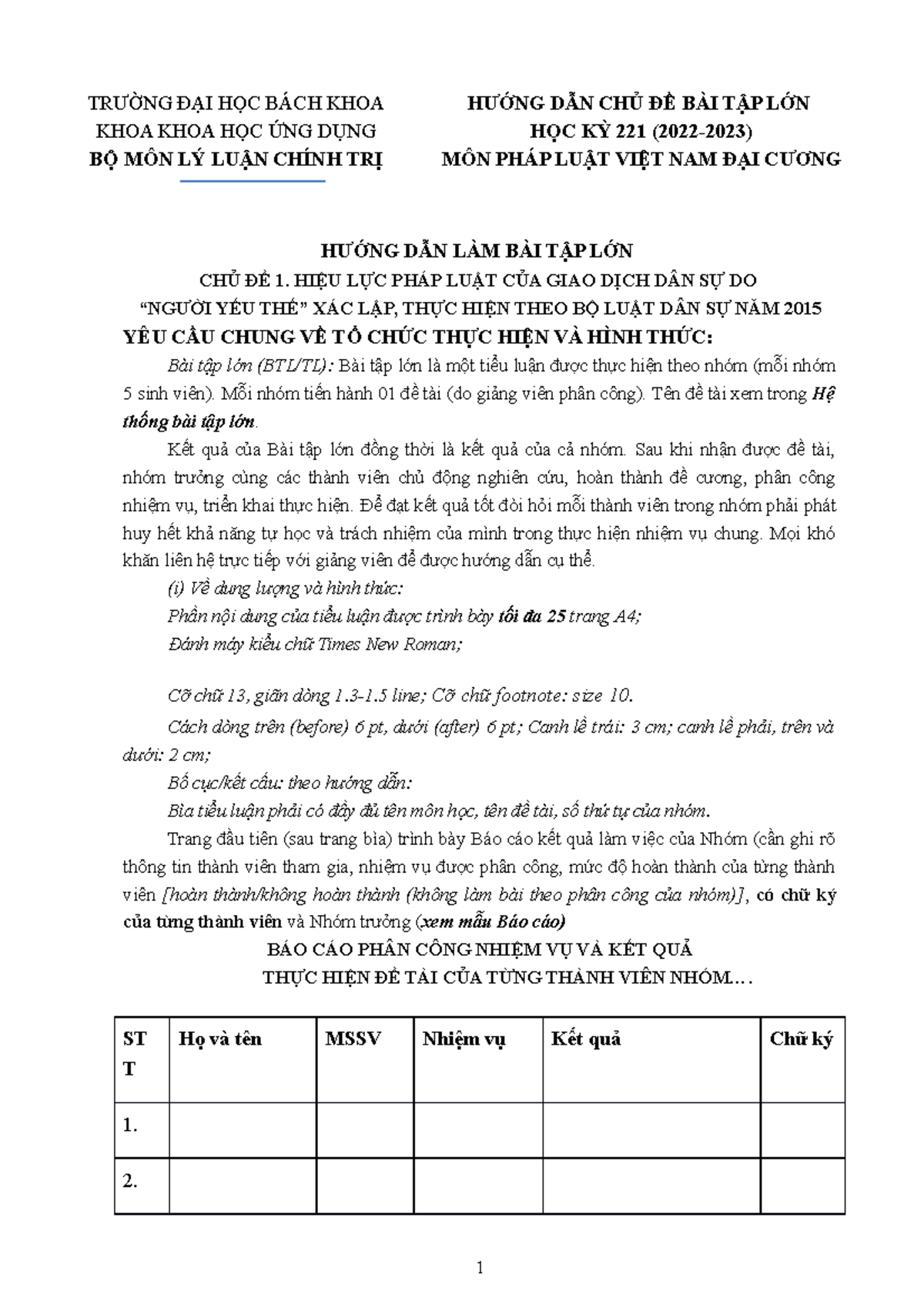 221 Hdbtl CĐ 1 - asdasdasdasdas - TRƯỜNG ĐẠI HỌC BÁCH KHOA KHOA KHOA ...