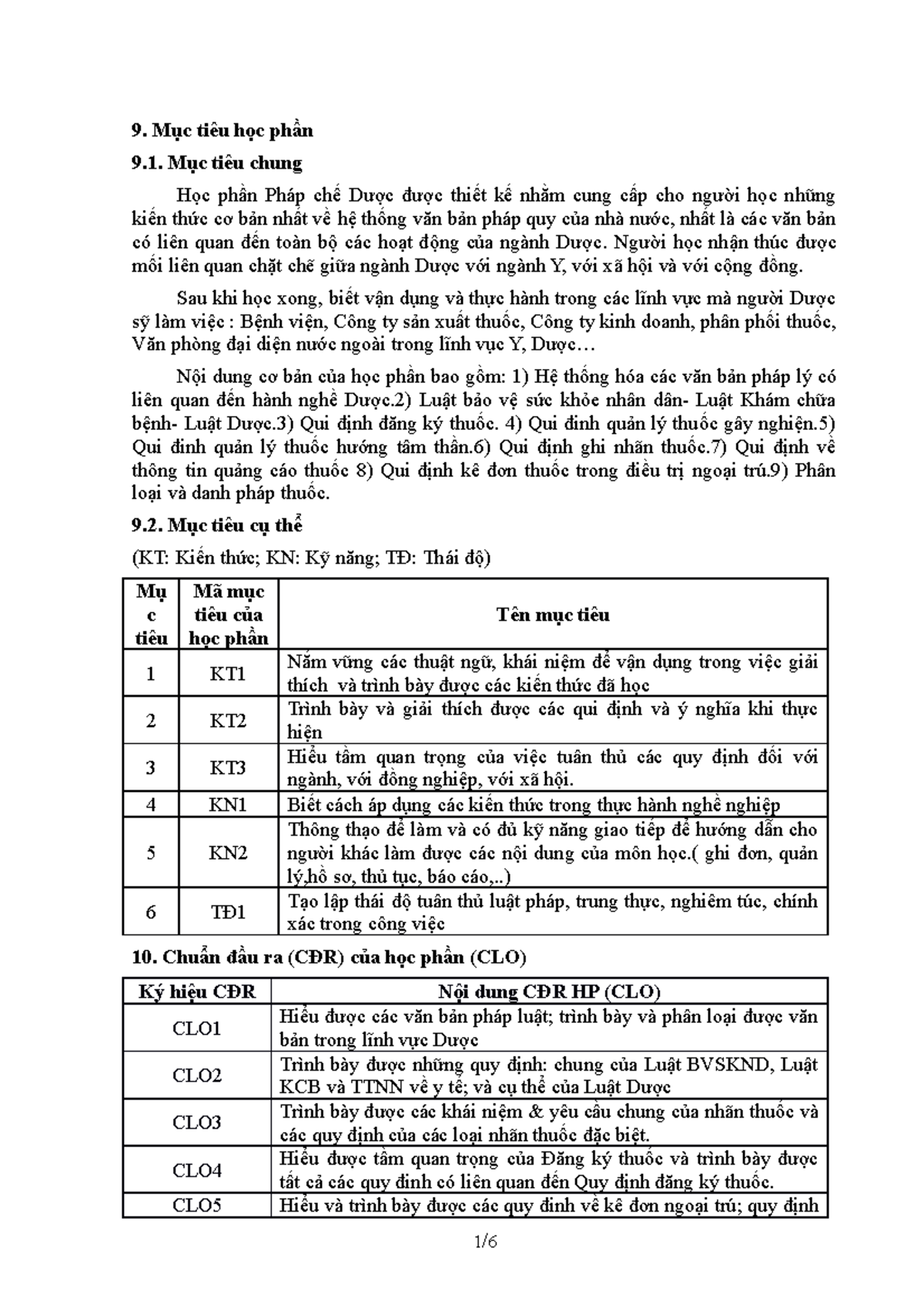 D18 Ôn bai Form mẫu Pháp chế Dược - 9. Mục tiêu học phần 9. Mục tiêu ...