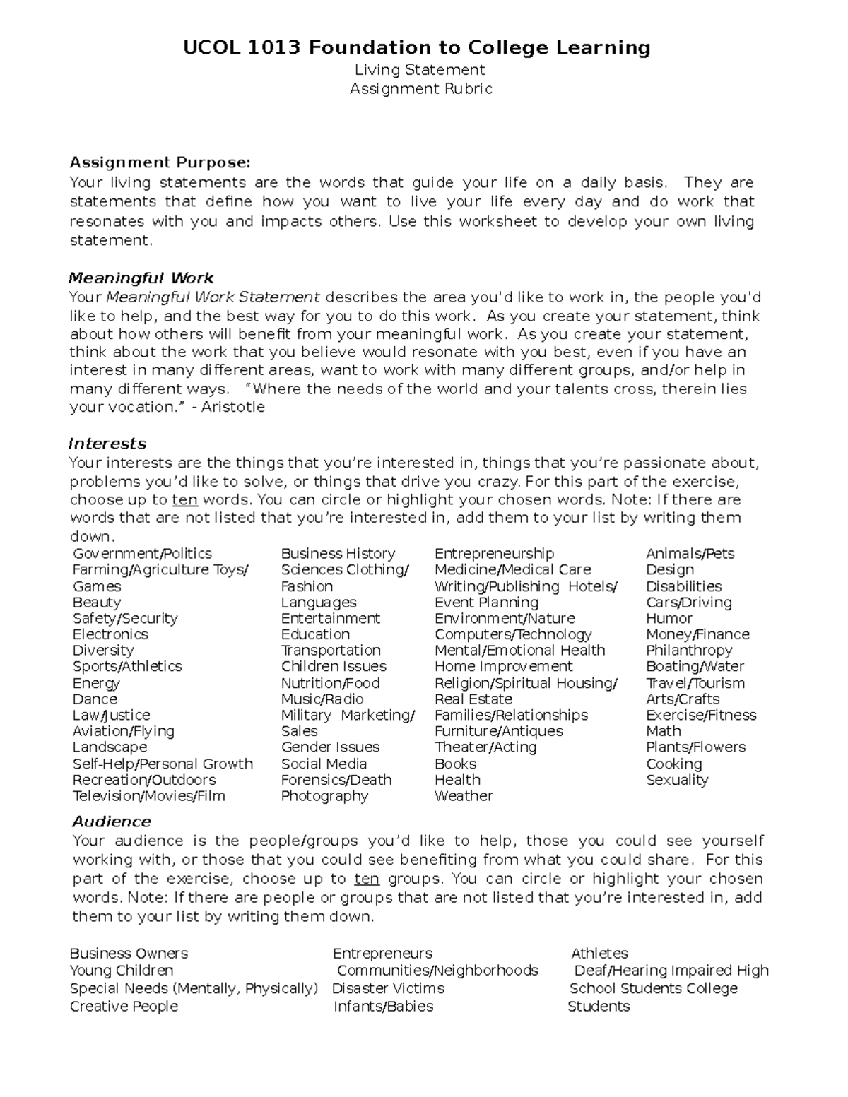 Living Statement Assignment UCOL - UCOL 1013 Foundation to College ...