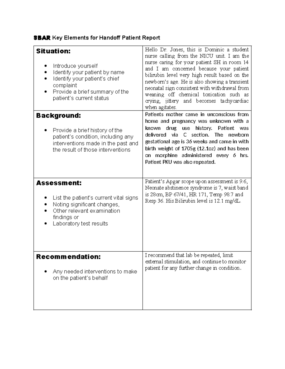 SBAR Report - SBAR Key Elements for Handoff Patient Report Situation ...