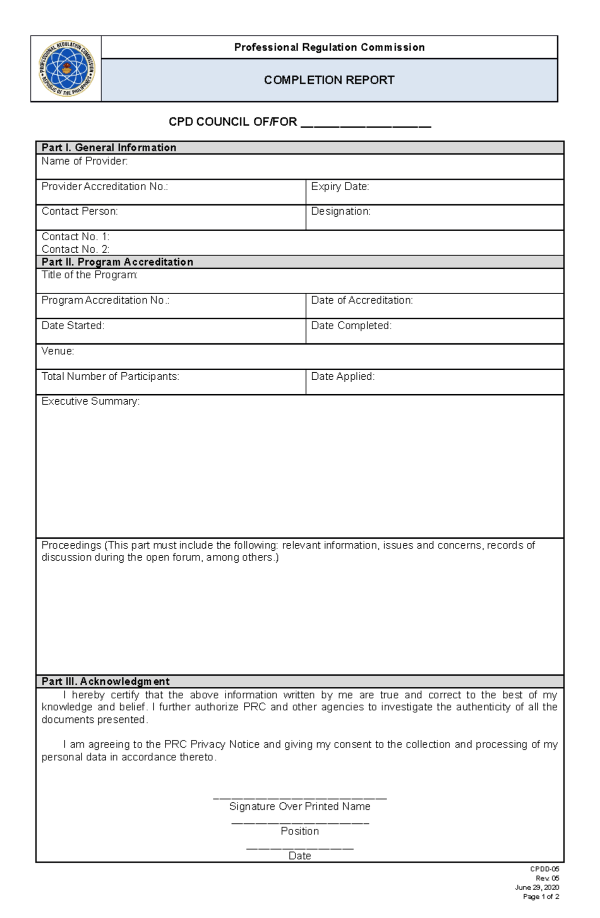 CPDD-05 - CPD - Professional Regulation Commission COMPLETION REPORT ...