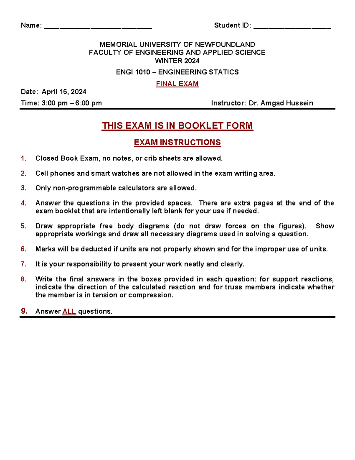 Final Exam Instructions - Name: ____________________________ Student ID