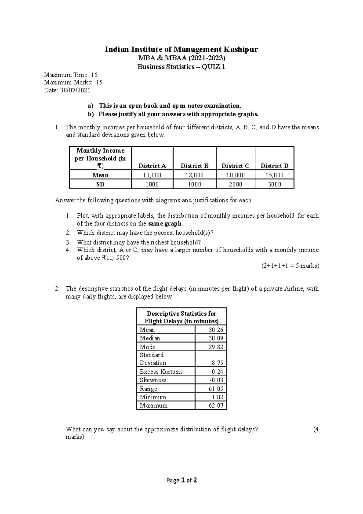 Business Statistics Term 1 Quiz 1 2021-2023 - Indian Institute of ...