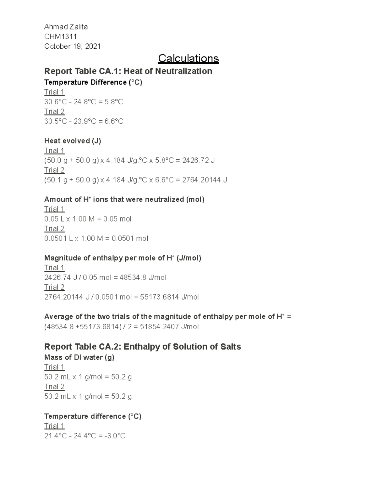 Calculations for Chemistry Lab - Ahmad Zalita CHM October 19, 2021 ...