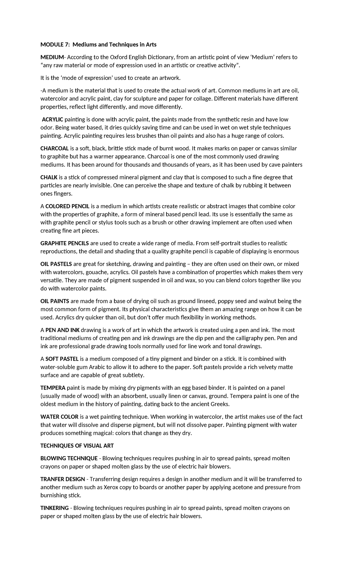 ART 002 - Summary of Modules 7-12 - MODULE 7: Mediums and Techniques in ...