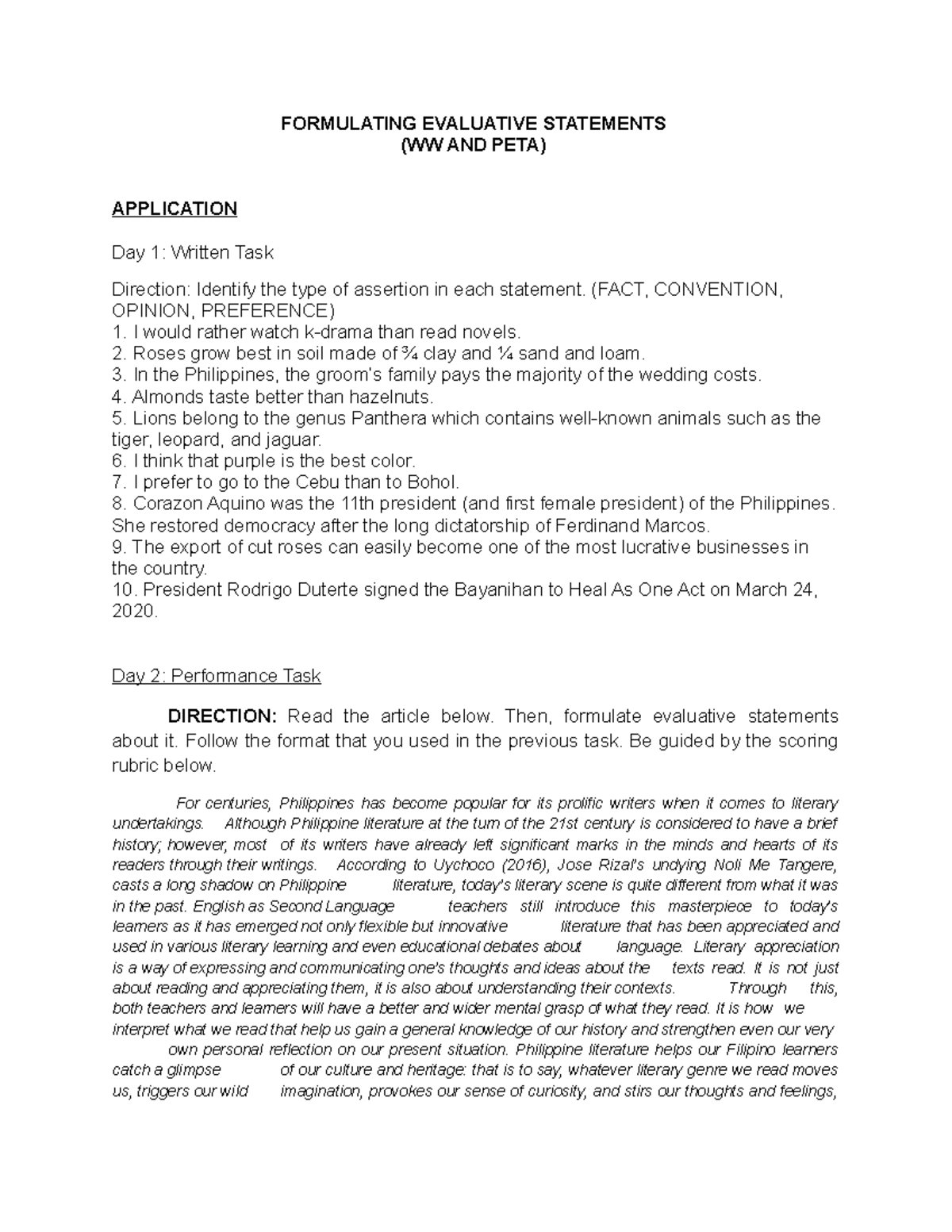 Formulating- Evaluative- Statements-WW-and-PETA - FORMULATING ...