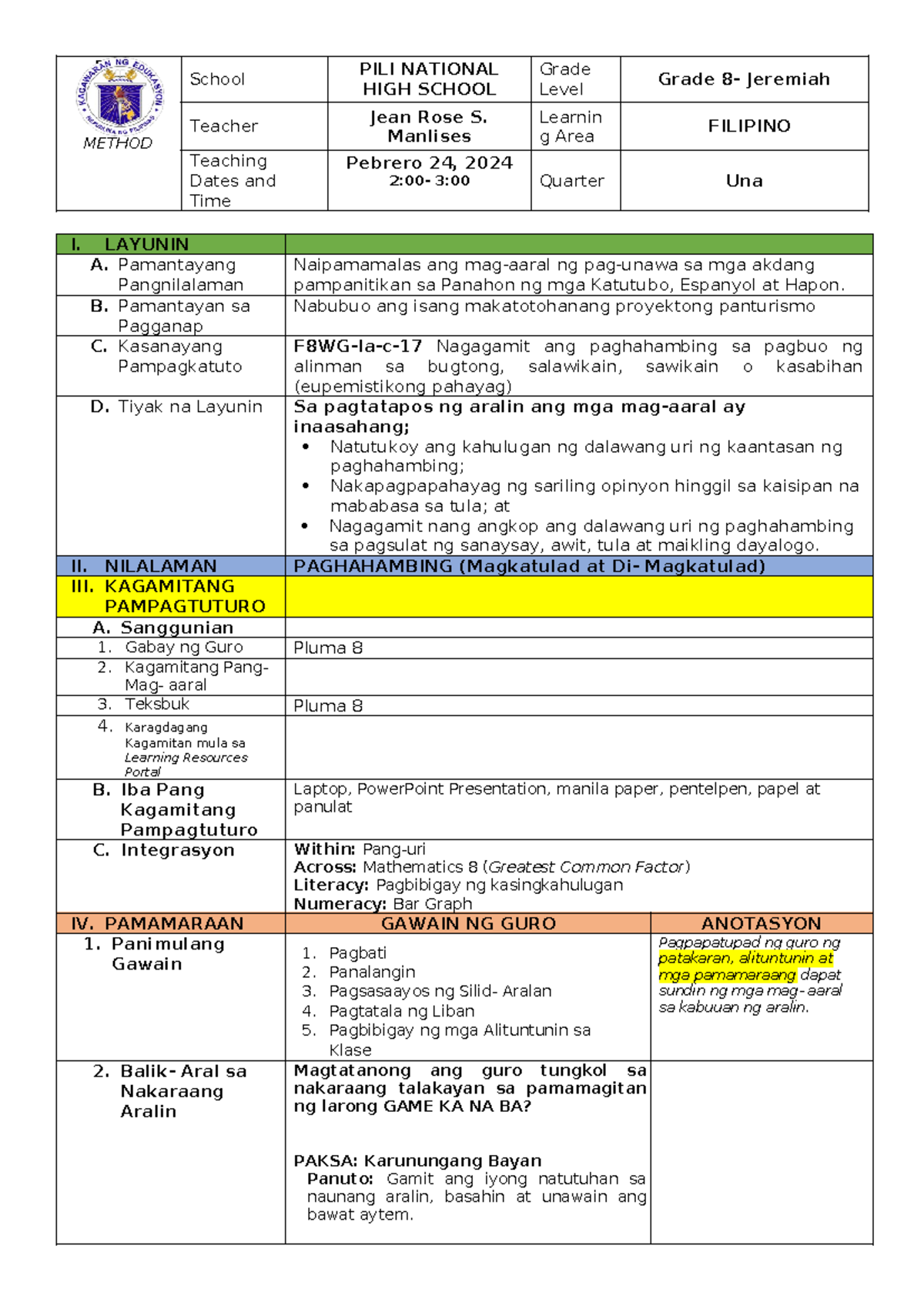 DEMO EECP 2024 - LESSON PLAN FOR EVERYONE - Daily Lesson Plan 4A’s ...