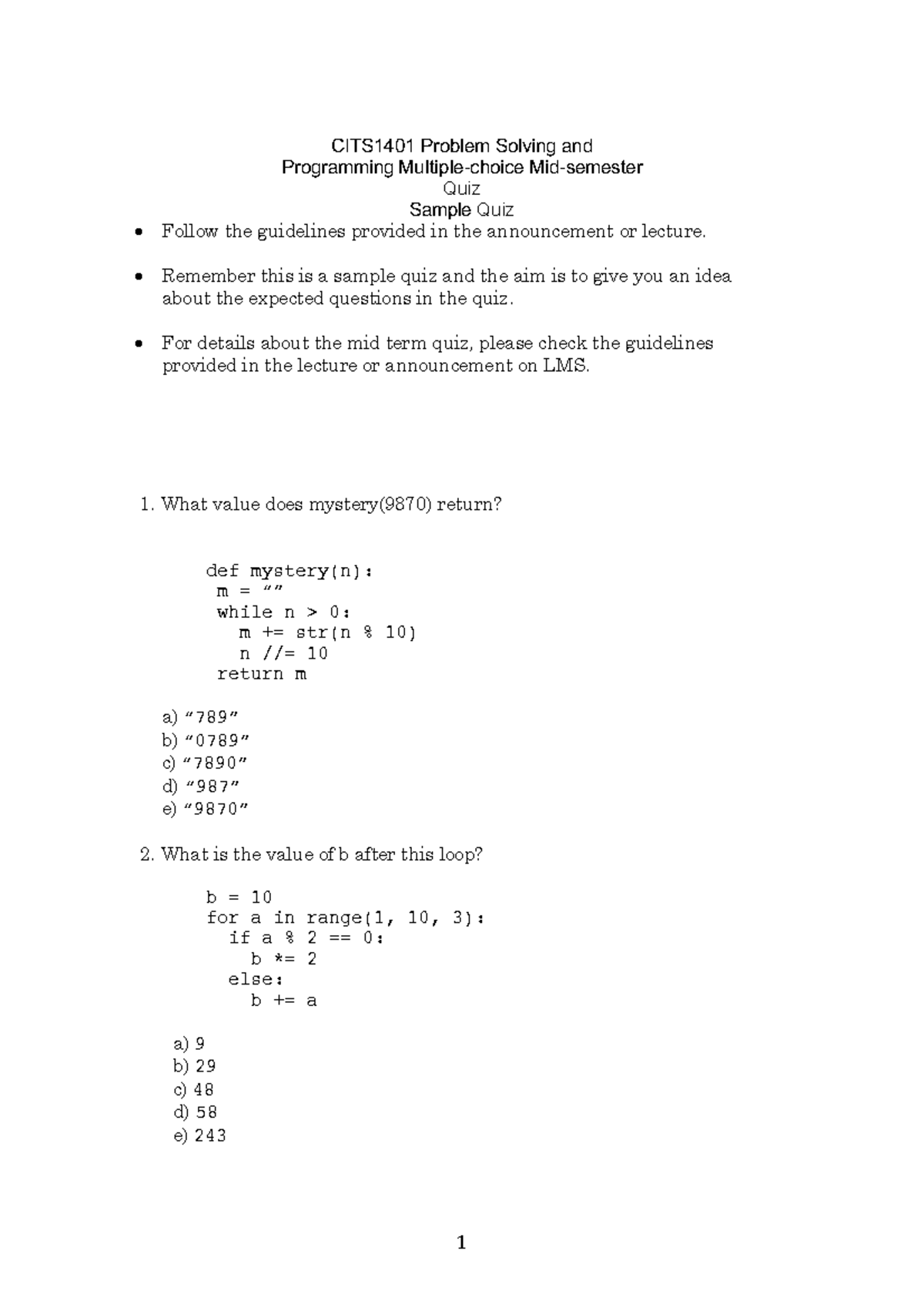 Sample Midsemester quiz 2021 - CITS1401 Problem Solving and Programming ...