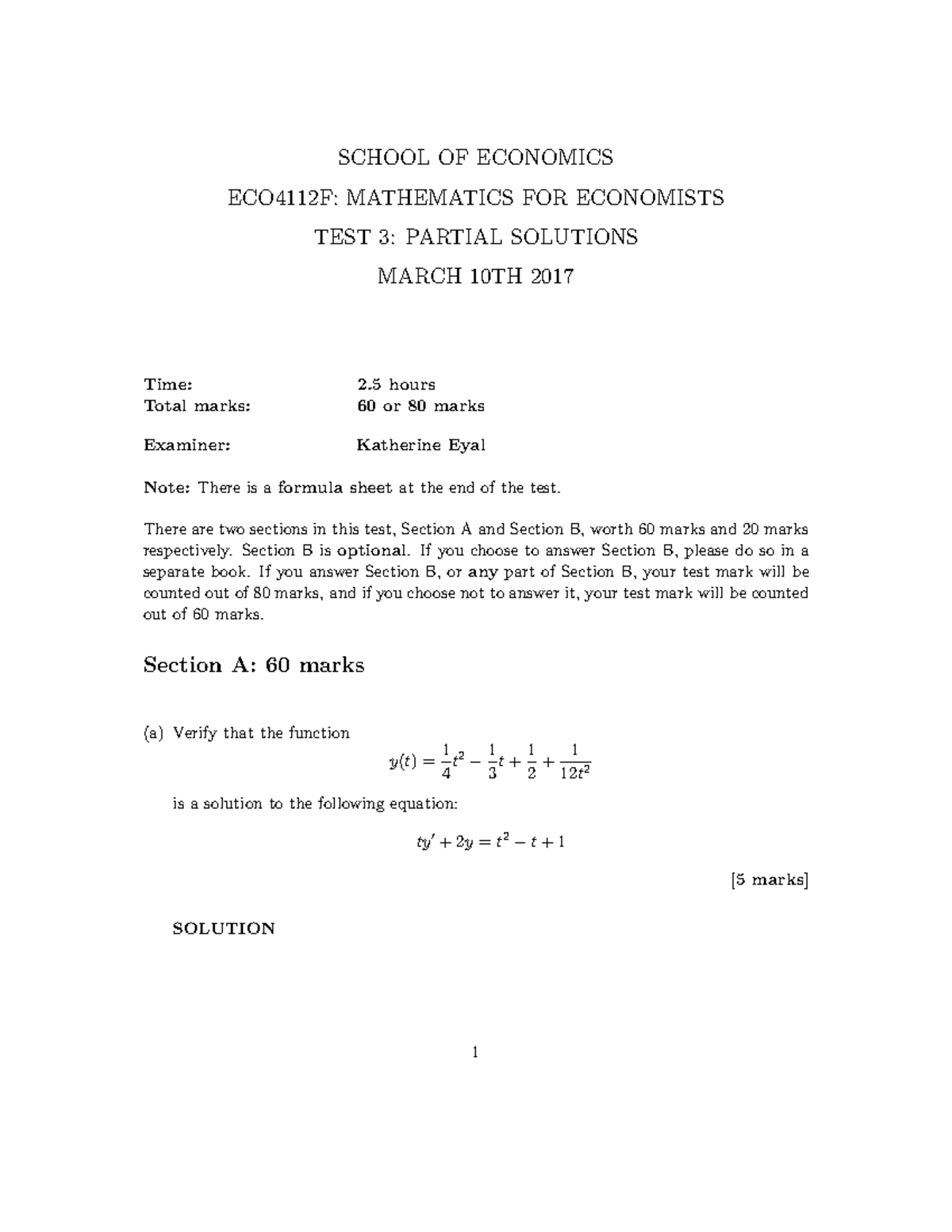 Test 3 7 February 2017, questions and answers - SCHOOL OF ECONOMICS ...