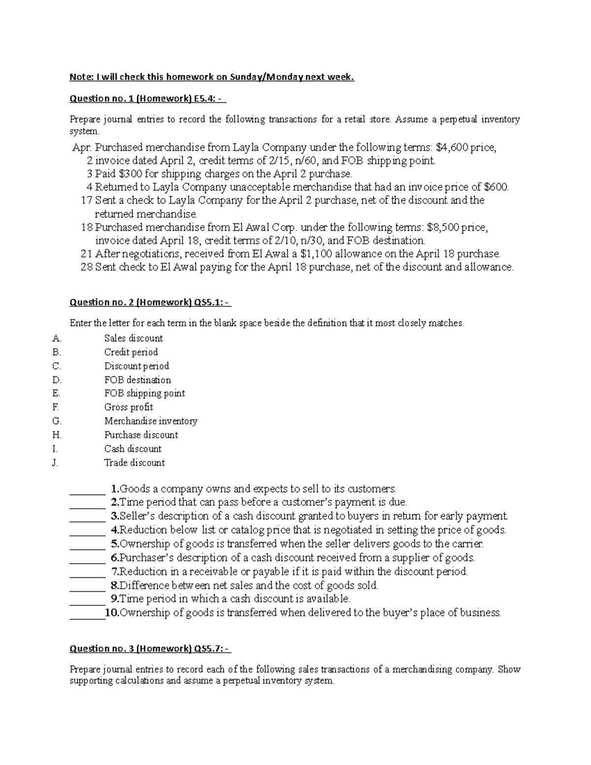 H.W 7 - very important - Note: I will check this homework on Sunday ...