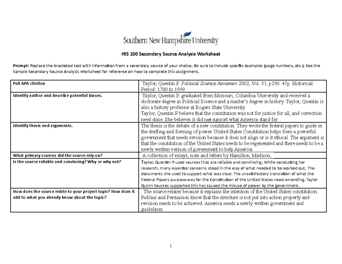 HIS 100 Secondary Source Analysis Worksheet done - HIS 100 Secondary ...