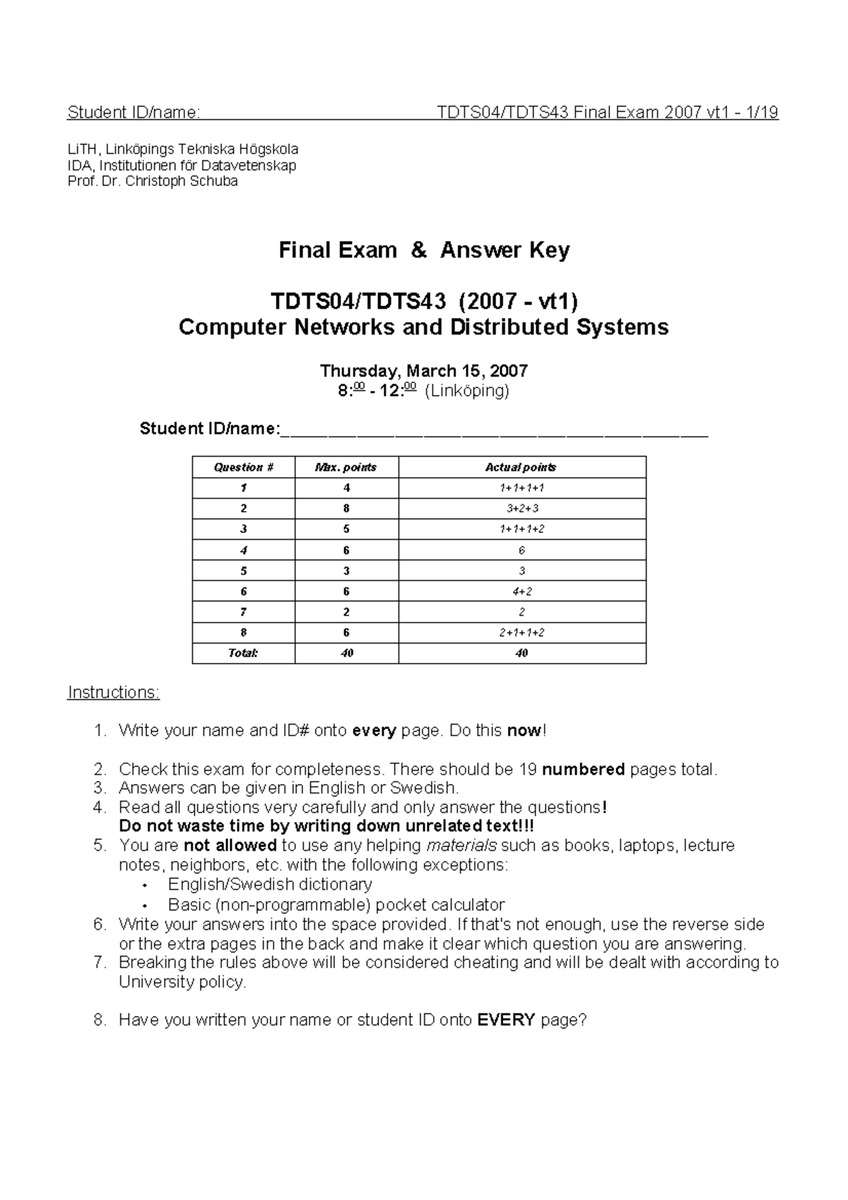 Computer Networks Final 1 - LiTH, Linköpings Tekniska Högskola IDA ...