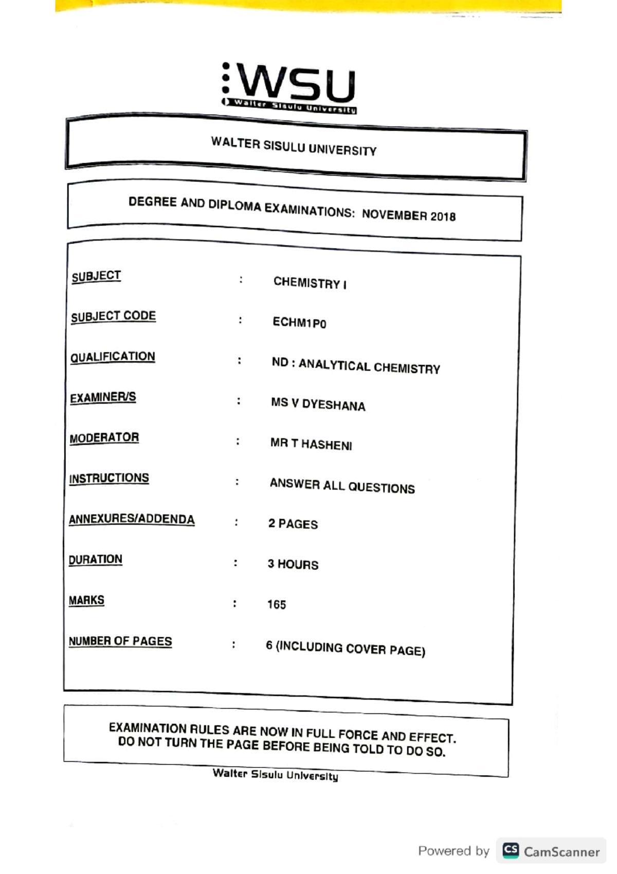 Chemistry November 2018 - WSU Walter Sisulu University WALTER SISULU ...