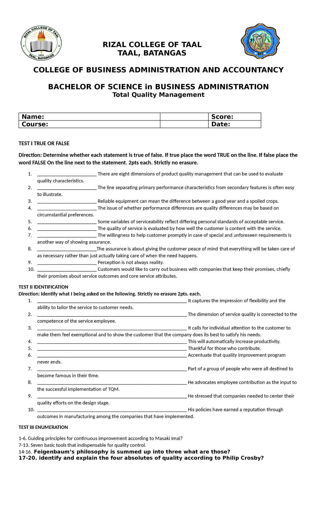 TQM Midterm Chapter 2 AND 3 - RIZAL COLLEGE OF TAAL TAAL, BATANGAS COLLEGE OF BUSINESS - Studocu