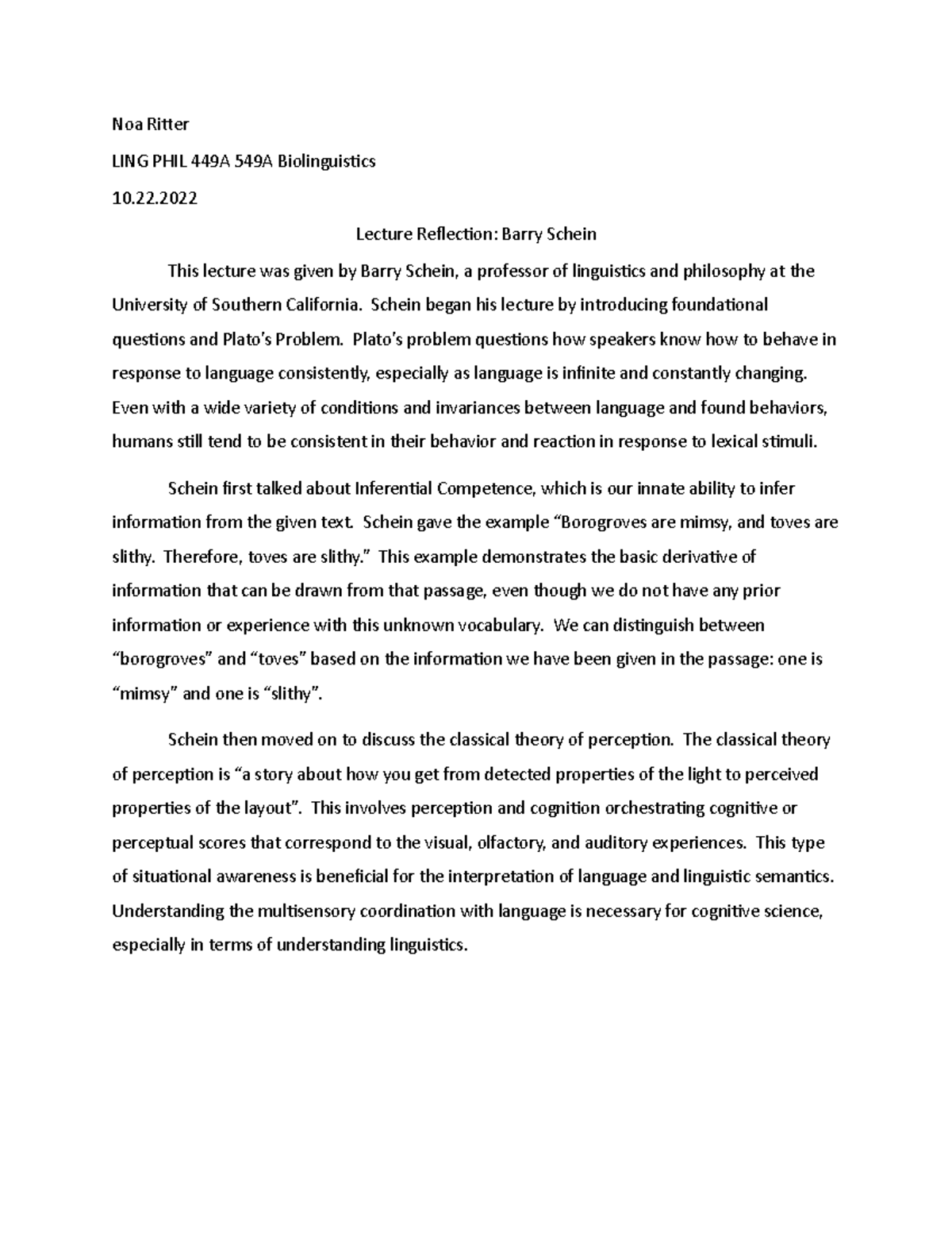 Schein Reflection - Dr. Massimo Piatelli-Palmarini - Noa Ritter LING ...