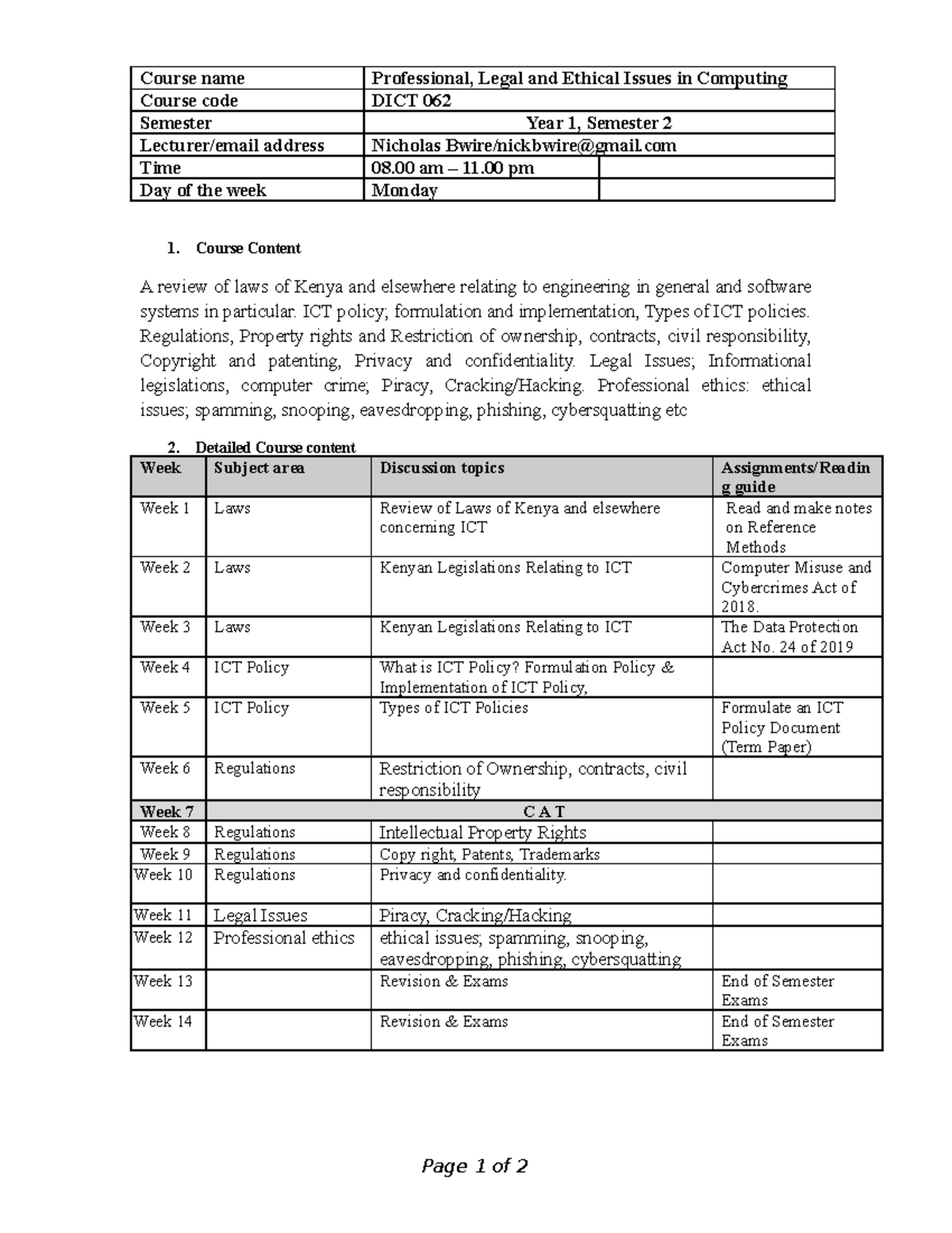 Professional Ethics Course Outline - Course name Professional, Legal ...