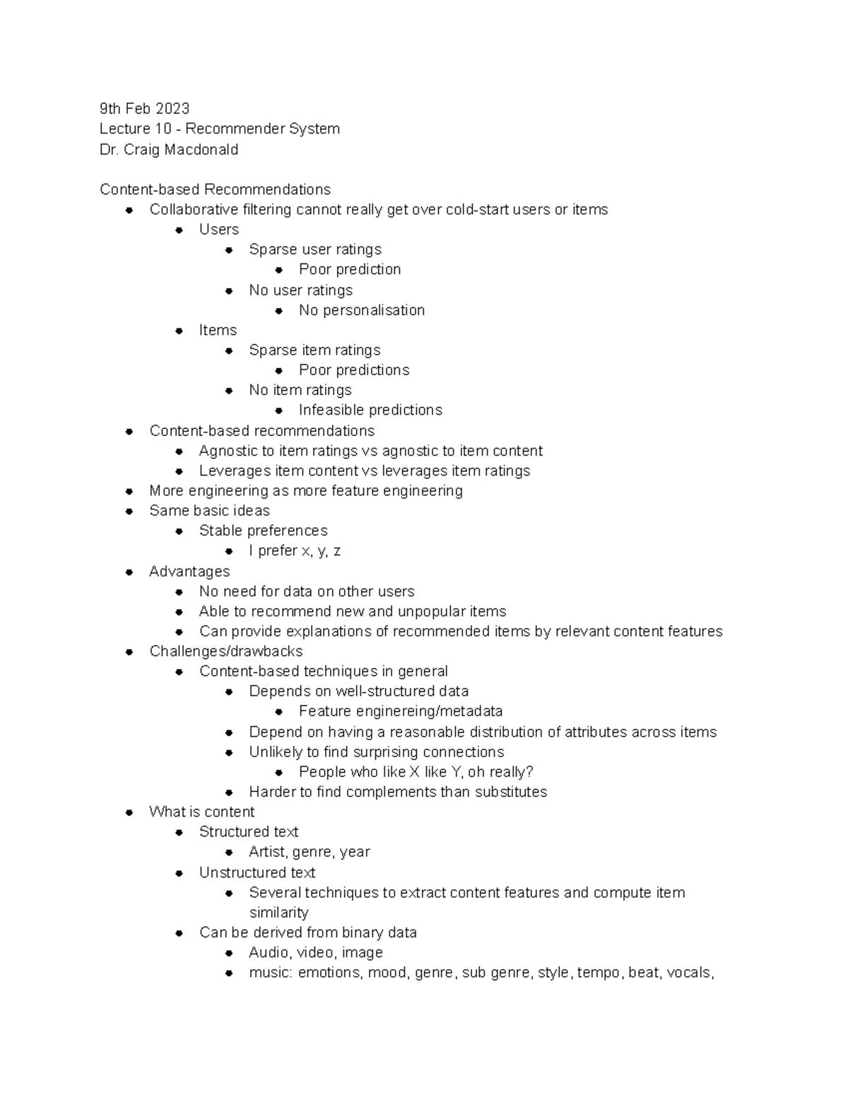 Recommender Systems Lecture 10 - 9th Feb 2023 - 9th Feb 2023 Lecture 10 - Recommender System Dr ...