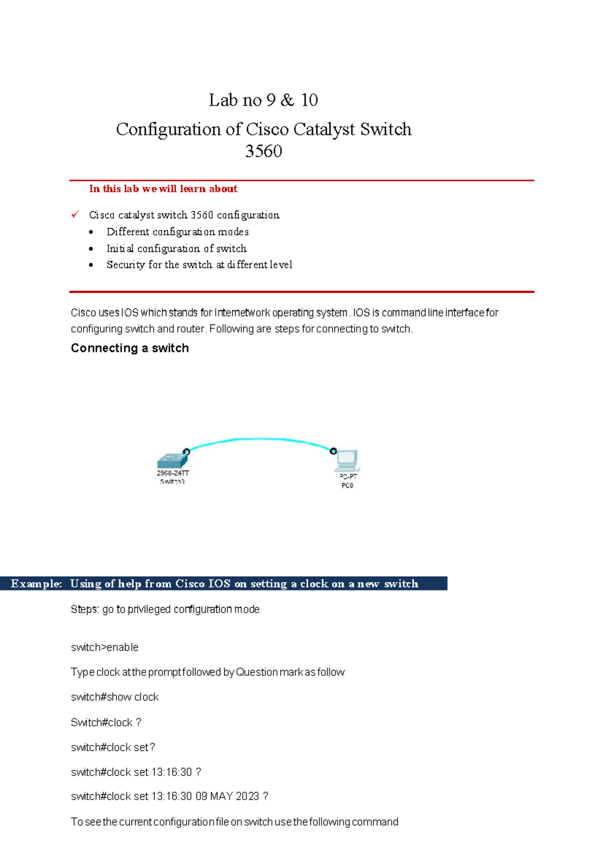Lab 9 & 10 - Practical - Lab no 9 & 10 Configuration of Cisco Catalyst Switch 3560 In this lab ...
