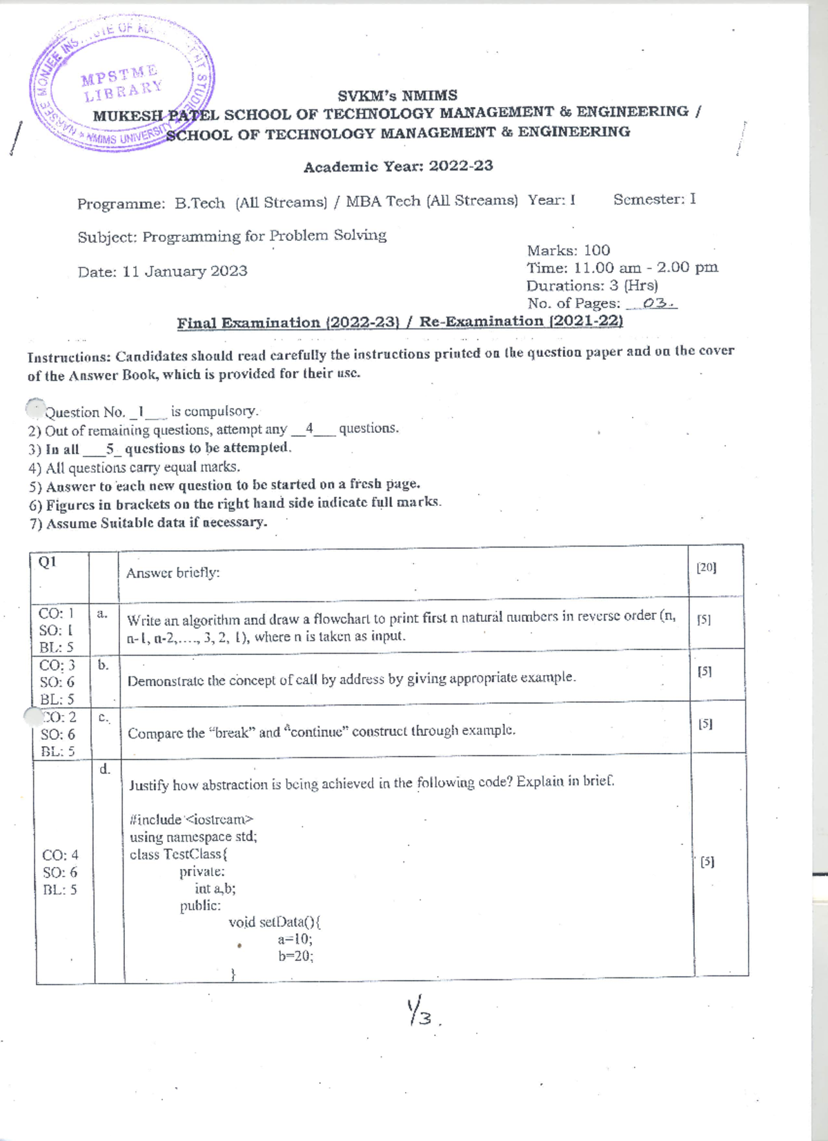 Programming for Problem Solving 1st Year Sem I Year 2022-23 Final Exam 2021-22 Re Exam Bht DNx ...