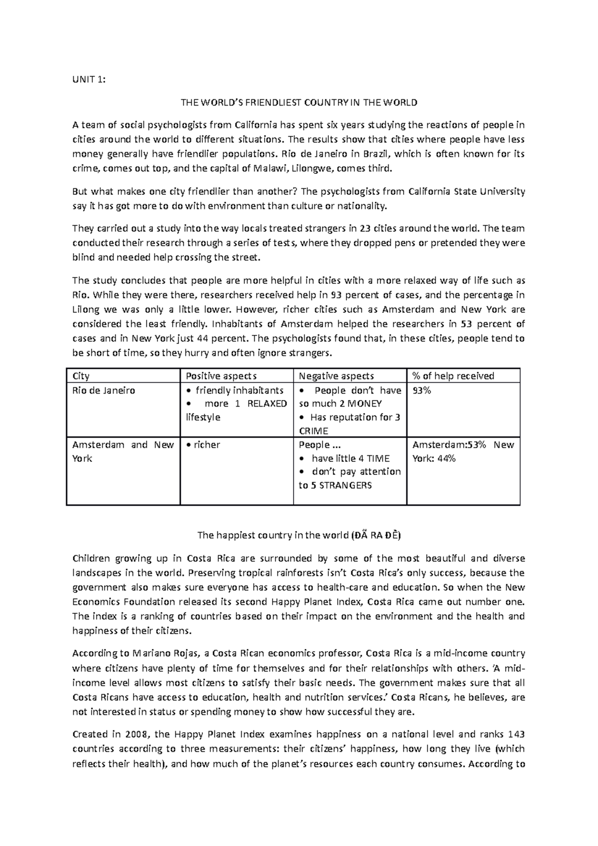Reading- Midterm 2 - UNIT 1: THE WORLD’S FRIENDLIEST COUNTRY IN THE ...