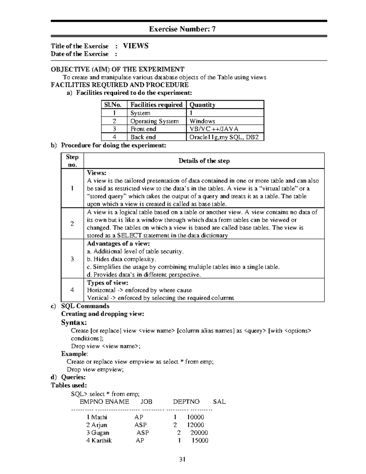 6 Views - lab based practical - 31 Exercise Number: 7 Title of the ...