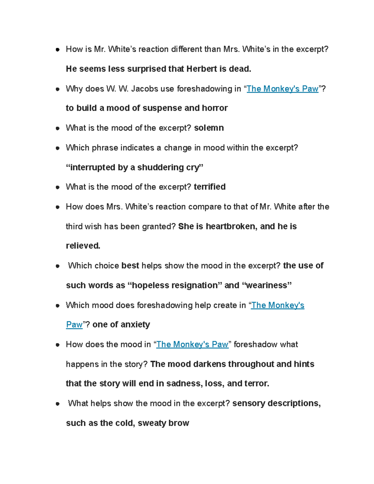 Foreshadowing in The Monkey's Paw Quiz - How is Mr. White’s reaction ...