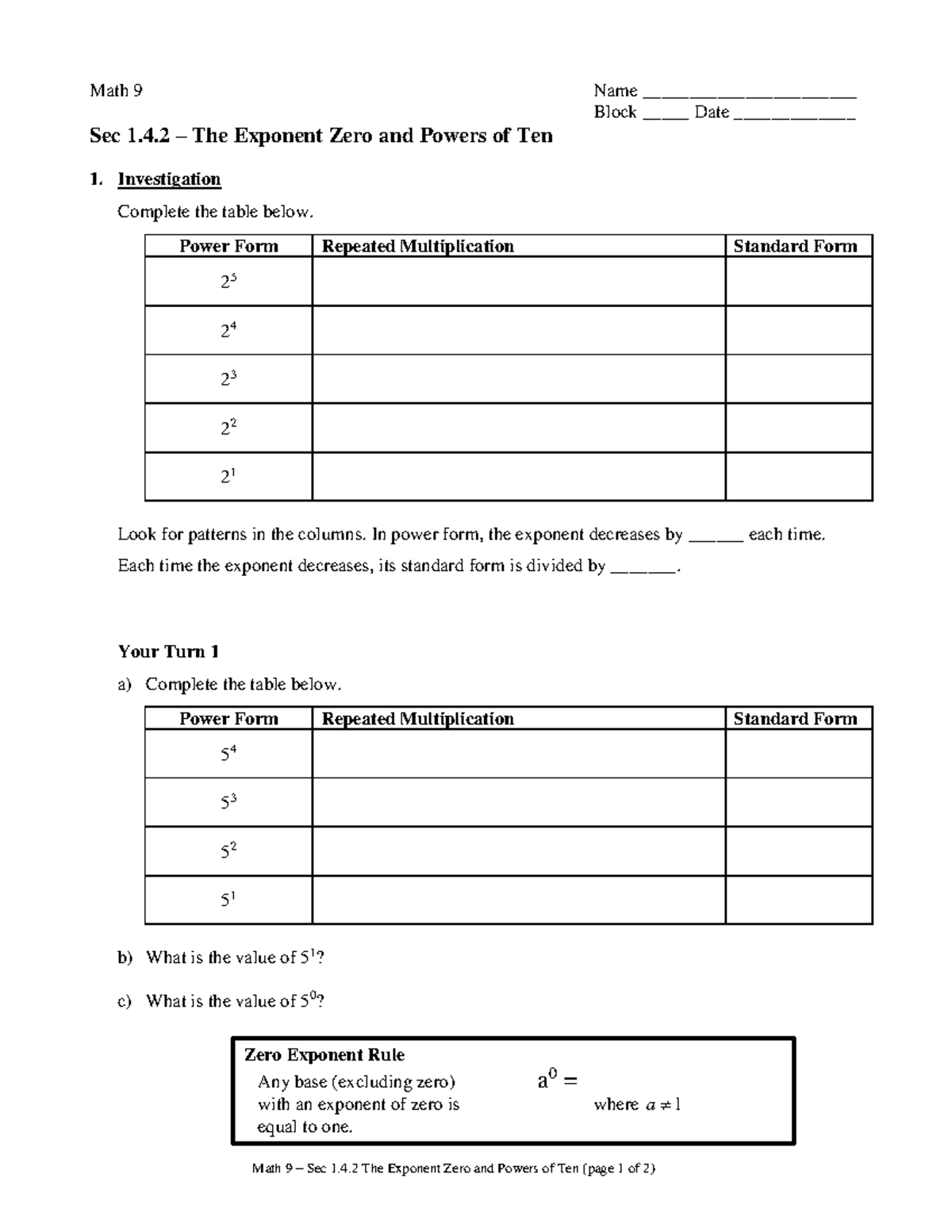 Ma9 1.4.2 Zero Exponent and Ten - Math 9 – Sec 1.4 The Exponent Zero ...